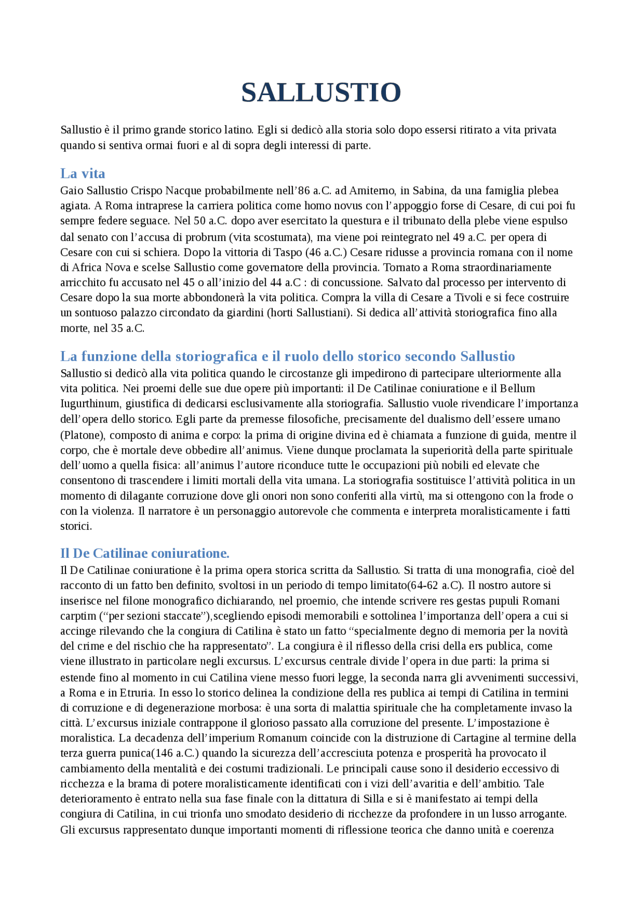 Riassunto Sallustio Docsity