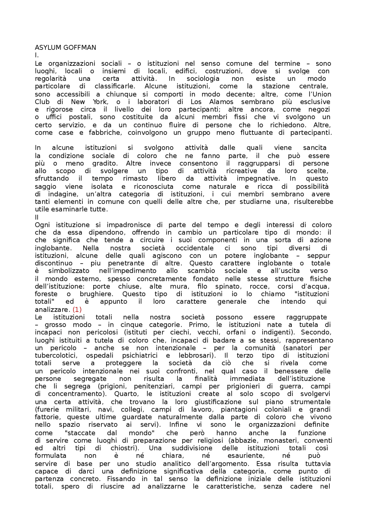 Riassunto Asylum Goffman Docsity