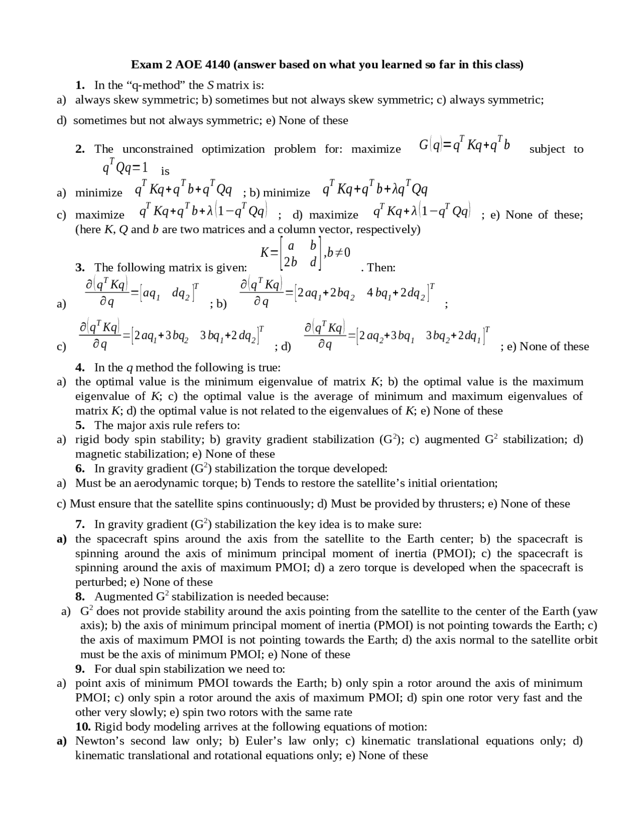 Exam With Solution For Spacecraft Dynamics And Control Aoe 4140 Docsity
