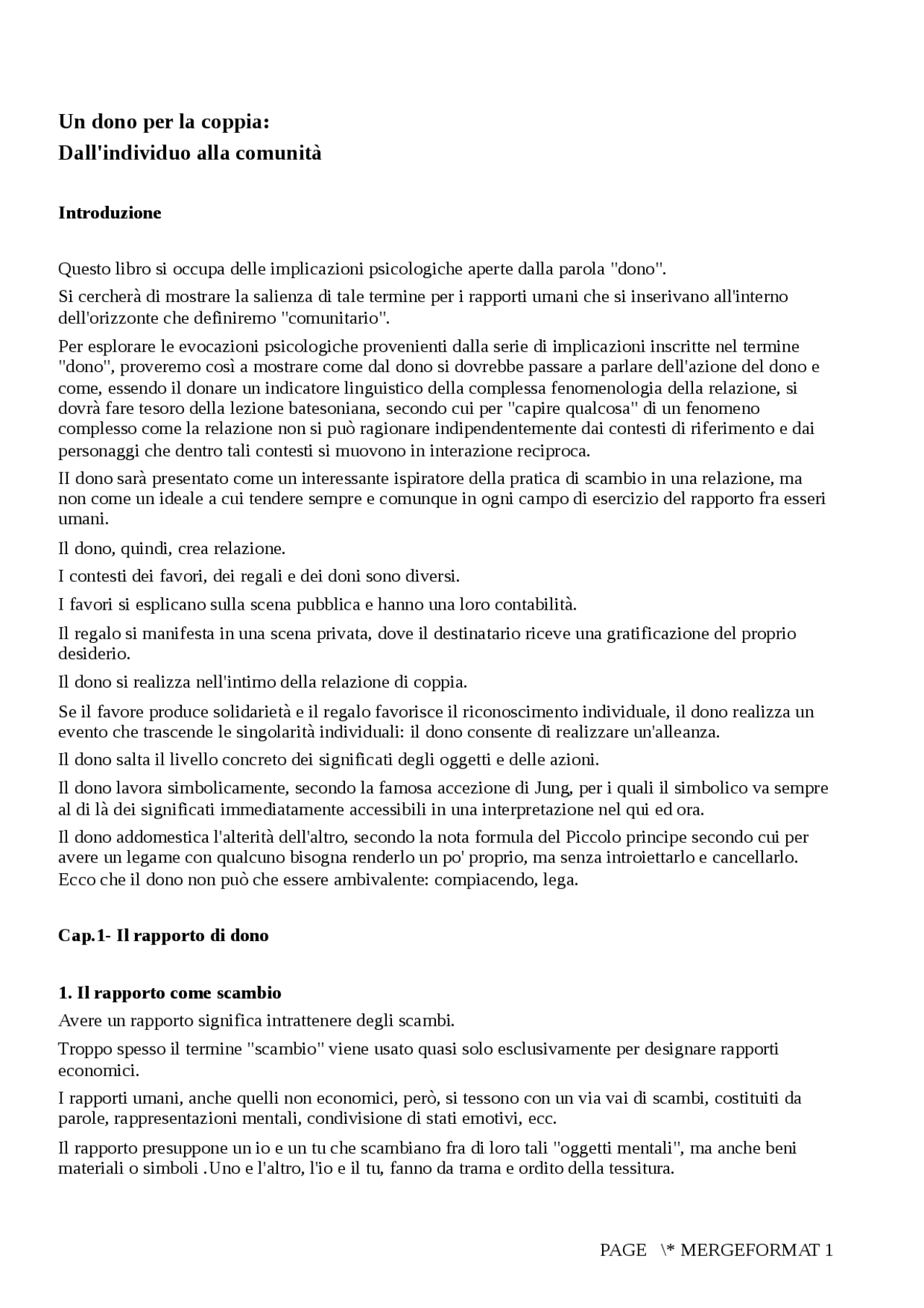 Riassunto " Un dono per la coppia. Dall'individuo alla comunità ...