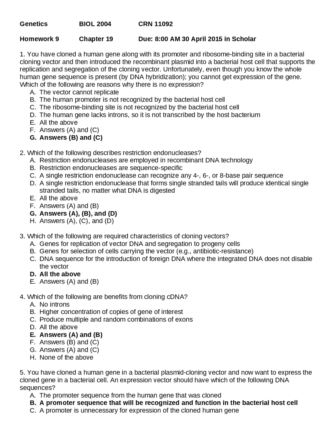 Genetics HW 9: Gene Expression, Restriction Endonucleases & Cloning ...