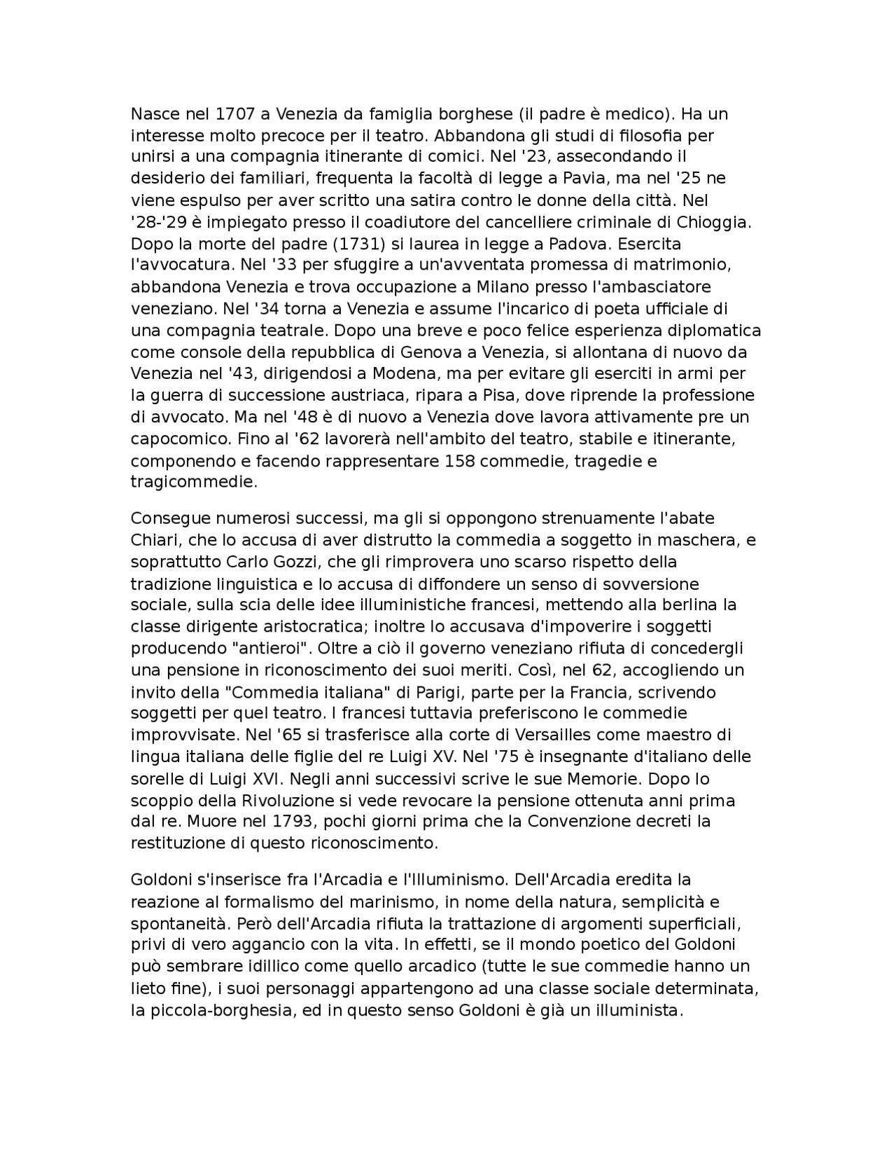 Appunti Su Carlo Goldoni Docsity