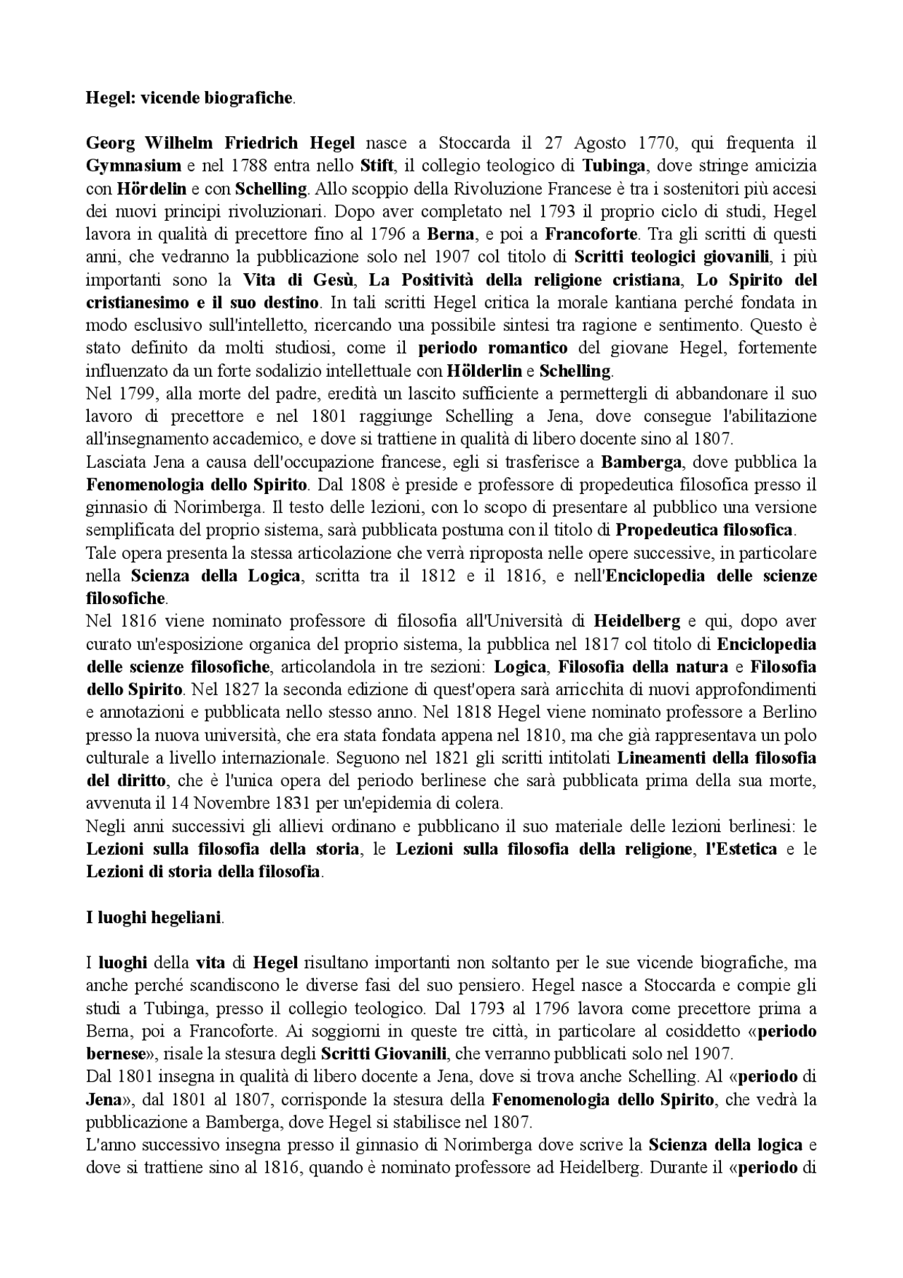 Riassunto Hegel Vita E Scritti Giovanili Docsity