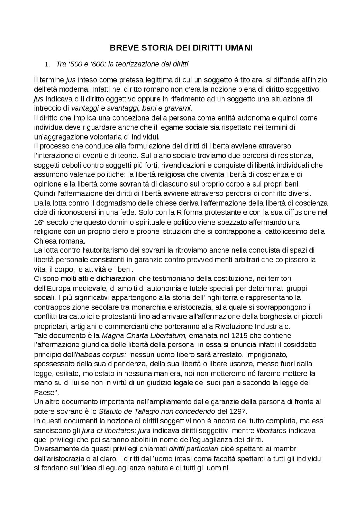 Breve Storia Dei Diritti Umani Docsity