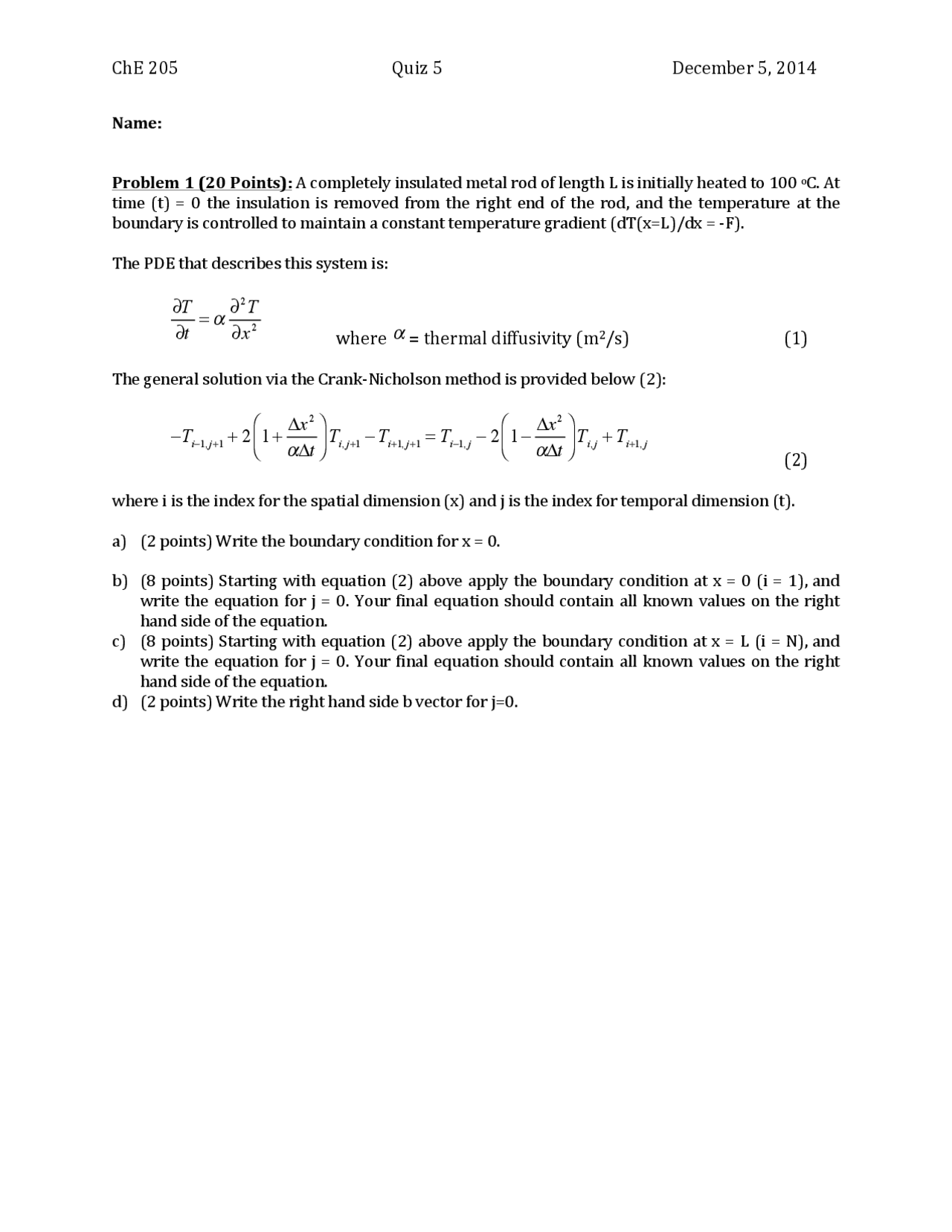 Quiz 5 Unsolved Problems Chemical Engineering Che 205 Docsity