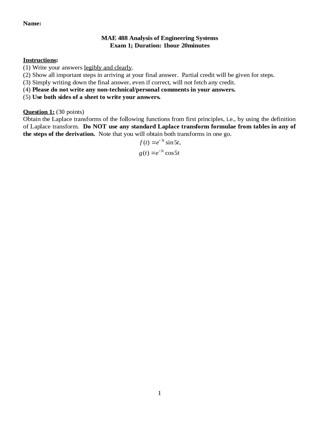 Practice Exam 1 Analysis Of Engineering System Mae 488 Docsity