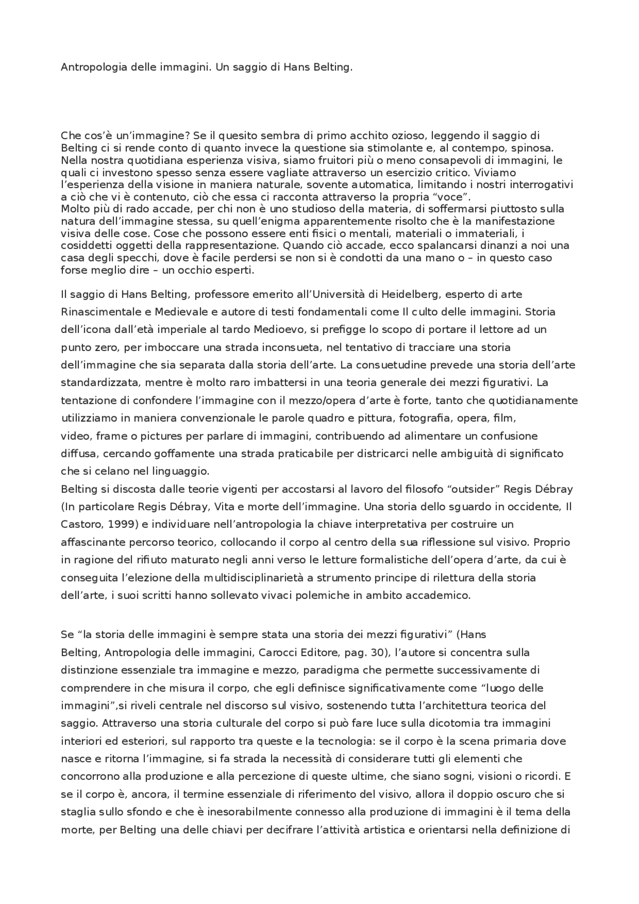 Riassunto Saggio Di Hans Belting Docsity