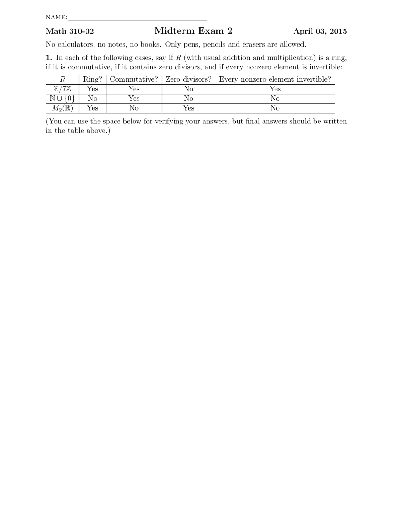 Midterm exam 2 Abstract Algebra I and Number Theory | MTH 310 | Exams Abstract Algebra | Docsity