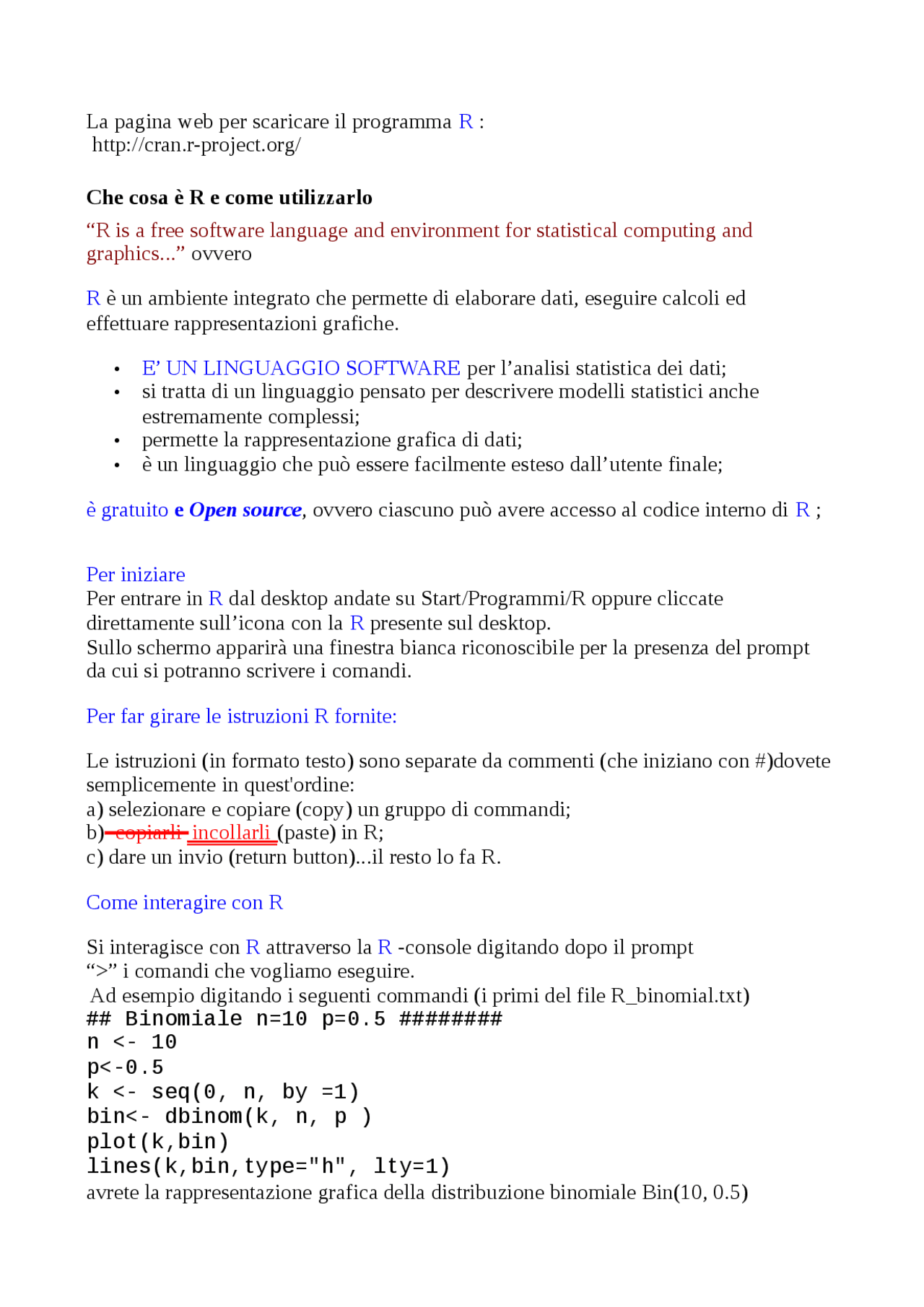 Istruzioni programma R - Docsity