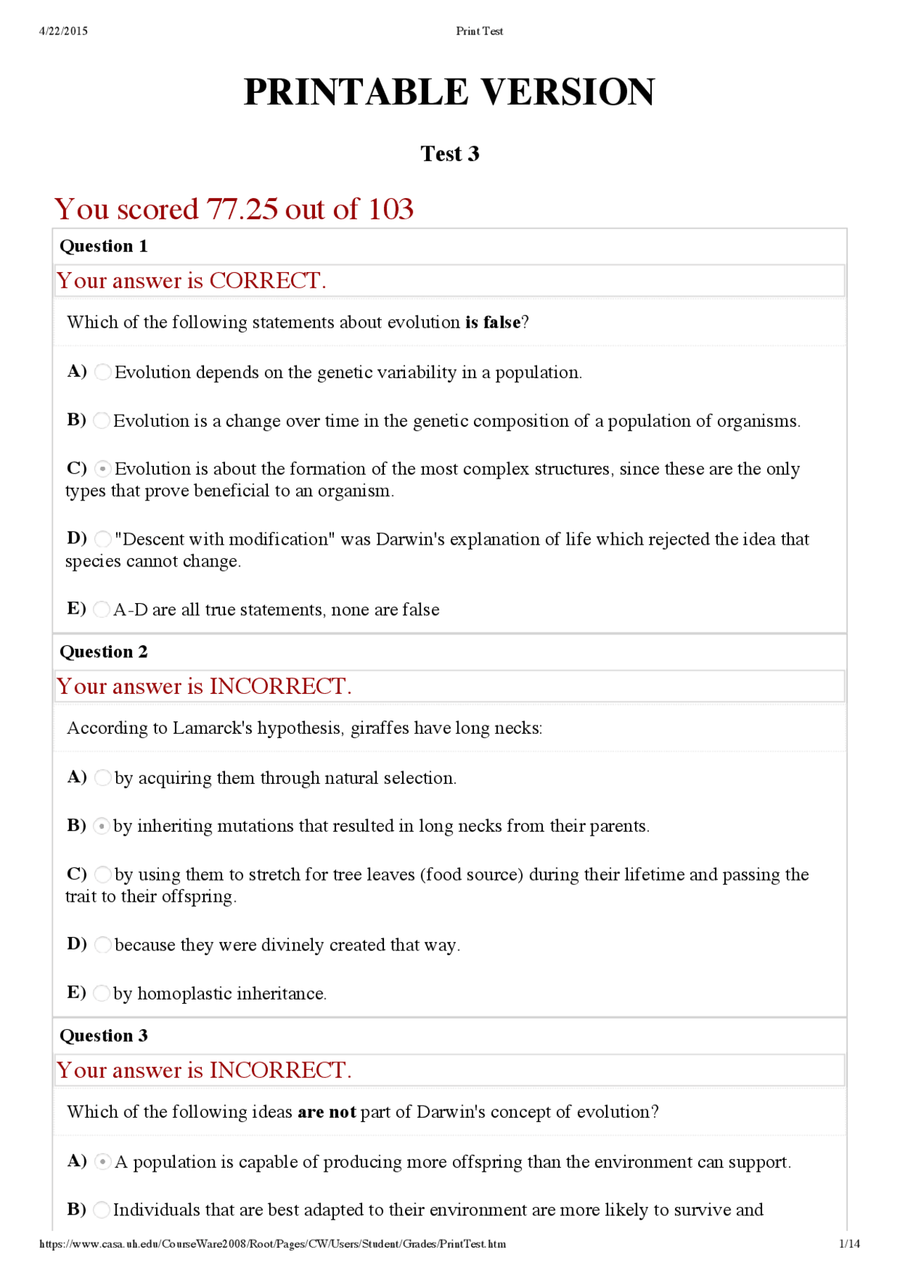 Test 3 Multiple Choice Questions On Introduction To Biological Science