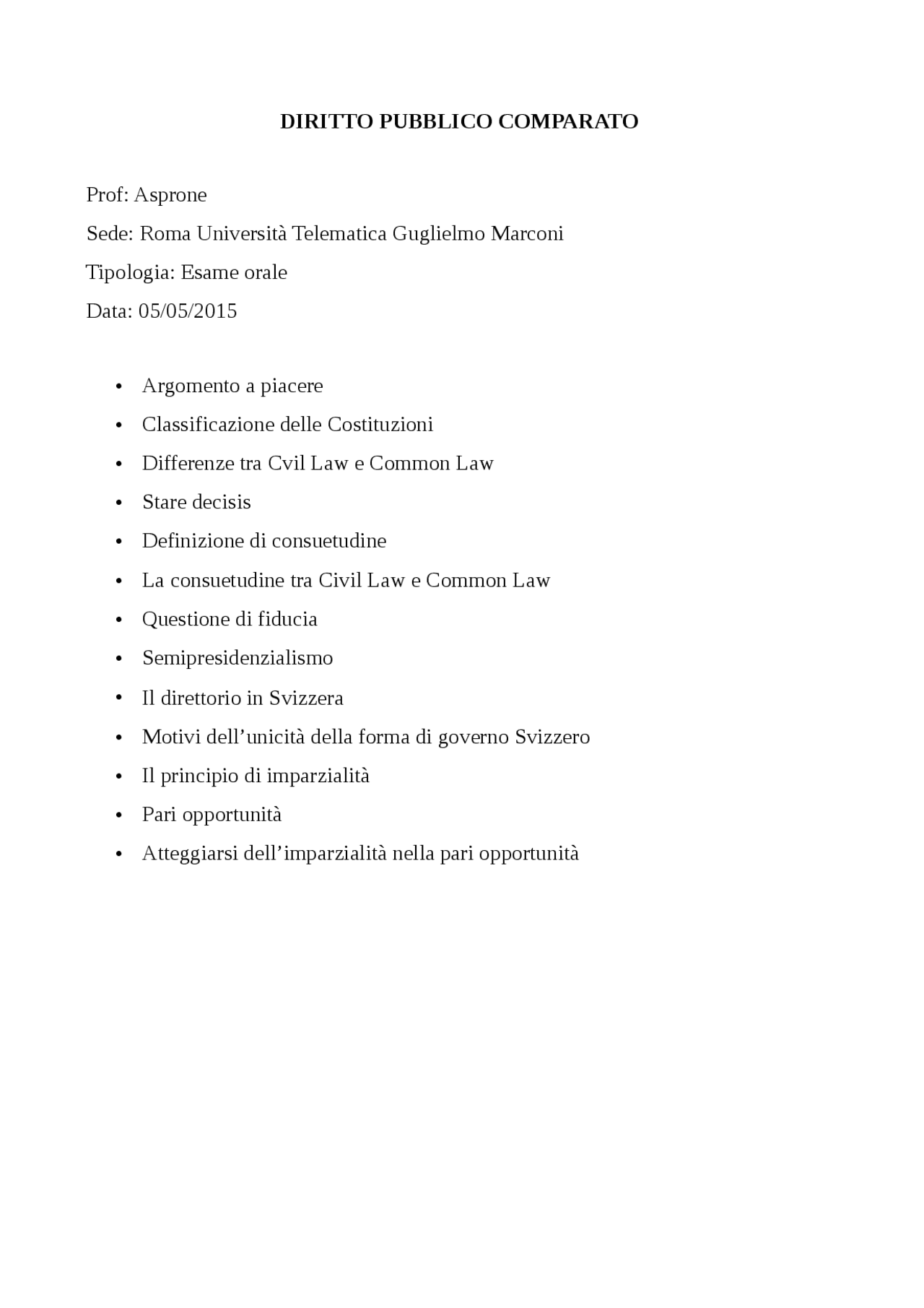 Domande orali Diritto Pubblico Comparato Prof. Asprone - Docsity