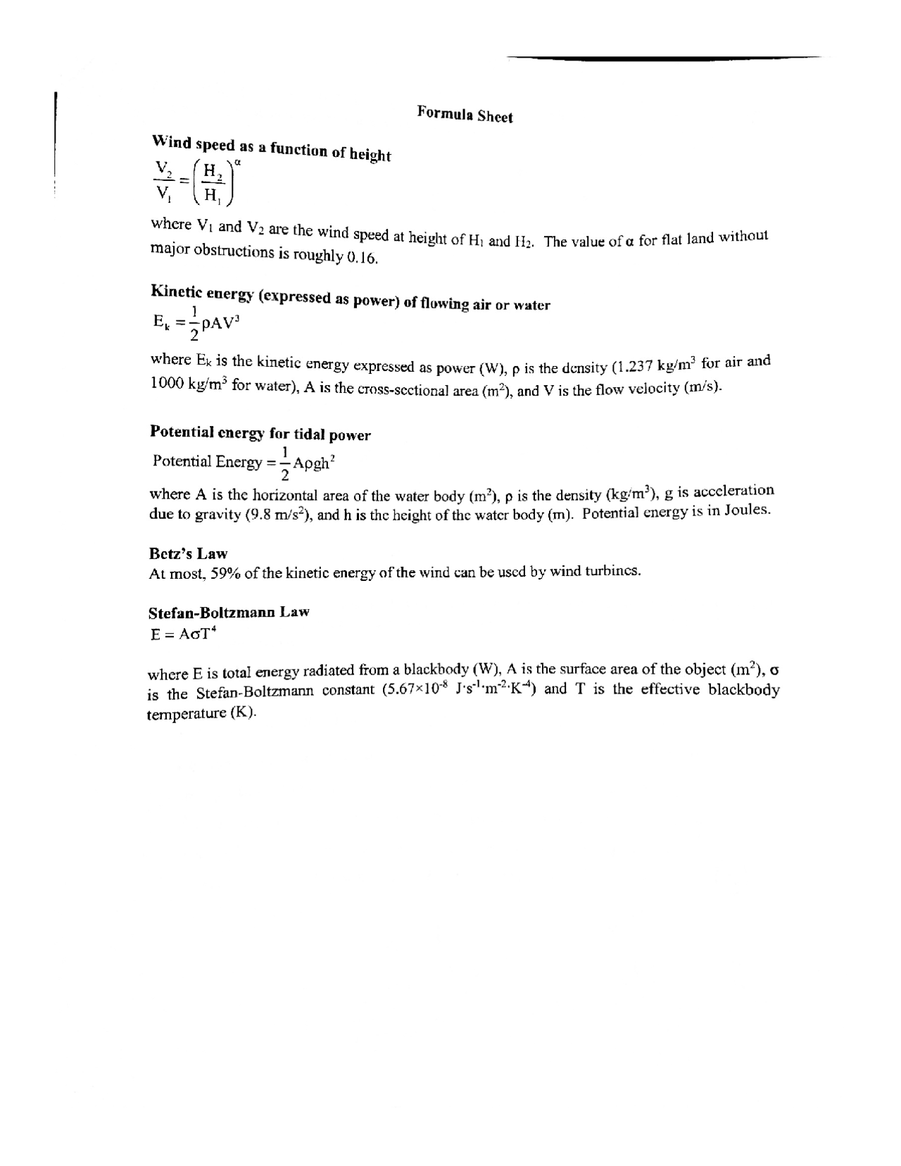 Engineering Solutions for Environmental Sustainability - Formula Sheet ...