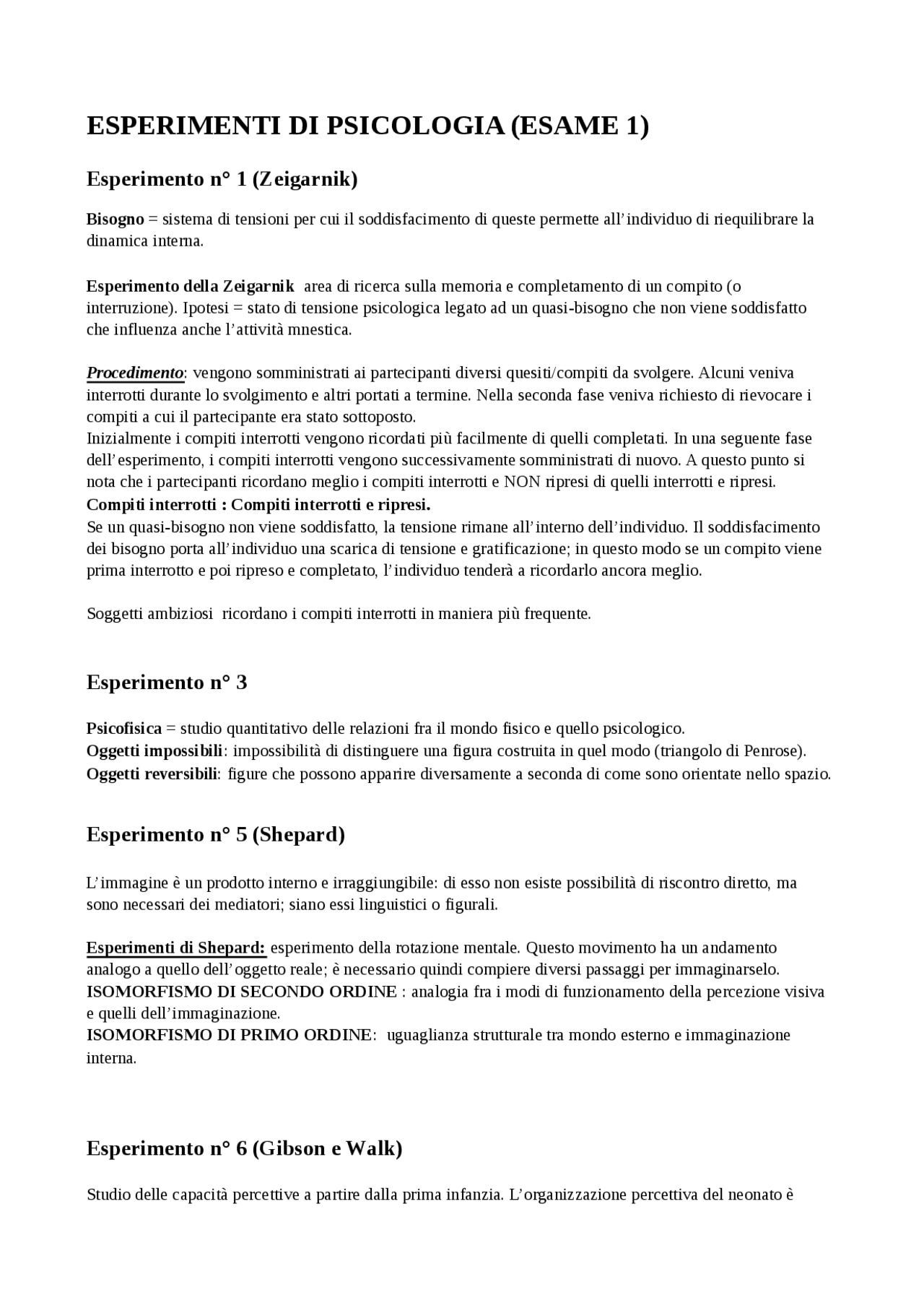 Esperimenti Di Psicologia 1 Docsity