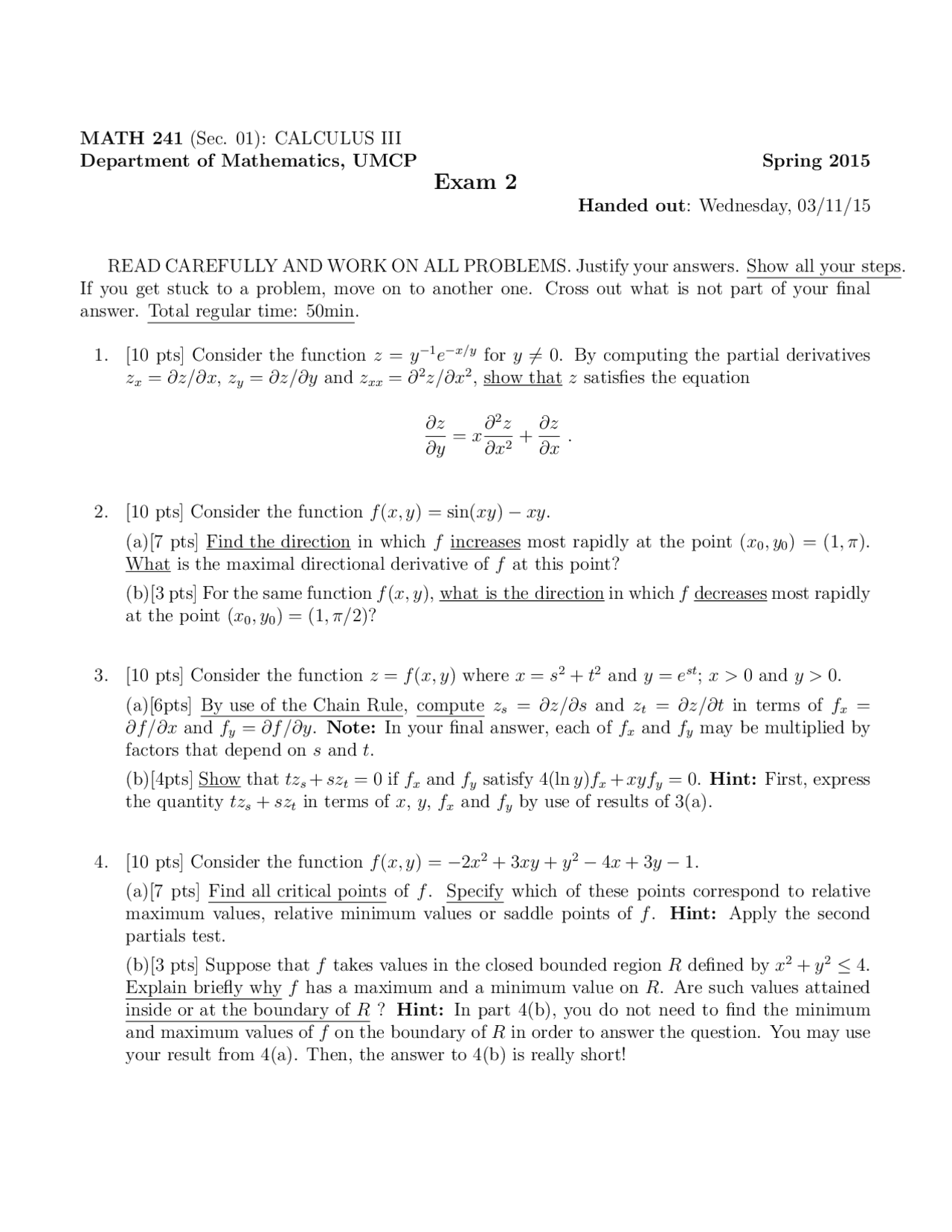 Calculus Iii Exam Hand Out To Solve Math 241 Docsity