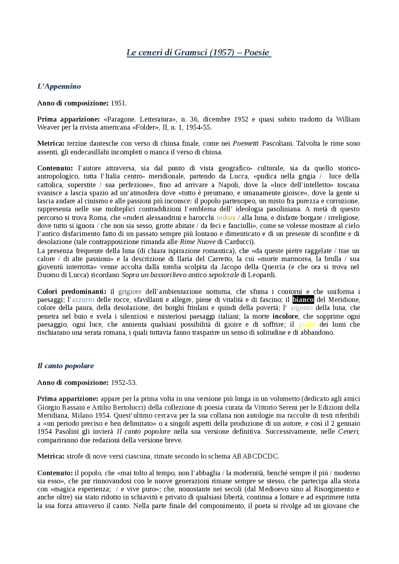 Riassunto Le ceneri di Gramsci - Pier Paolo Pasolini - Docsity