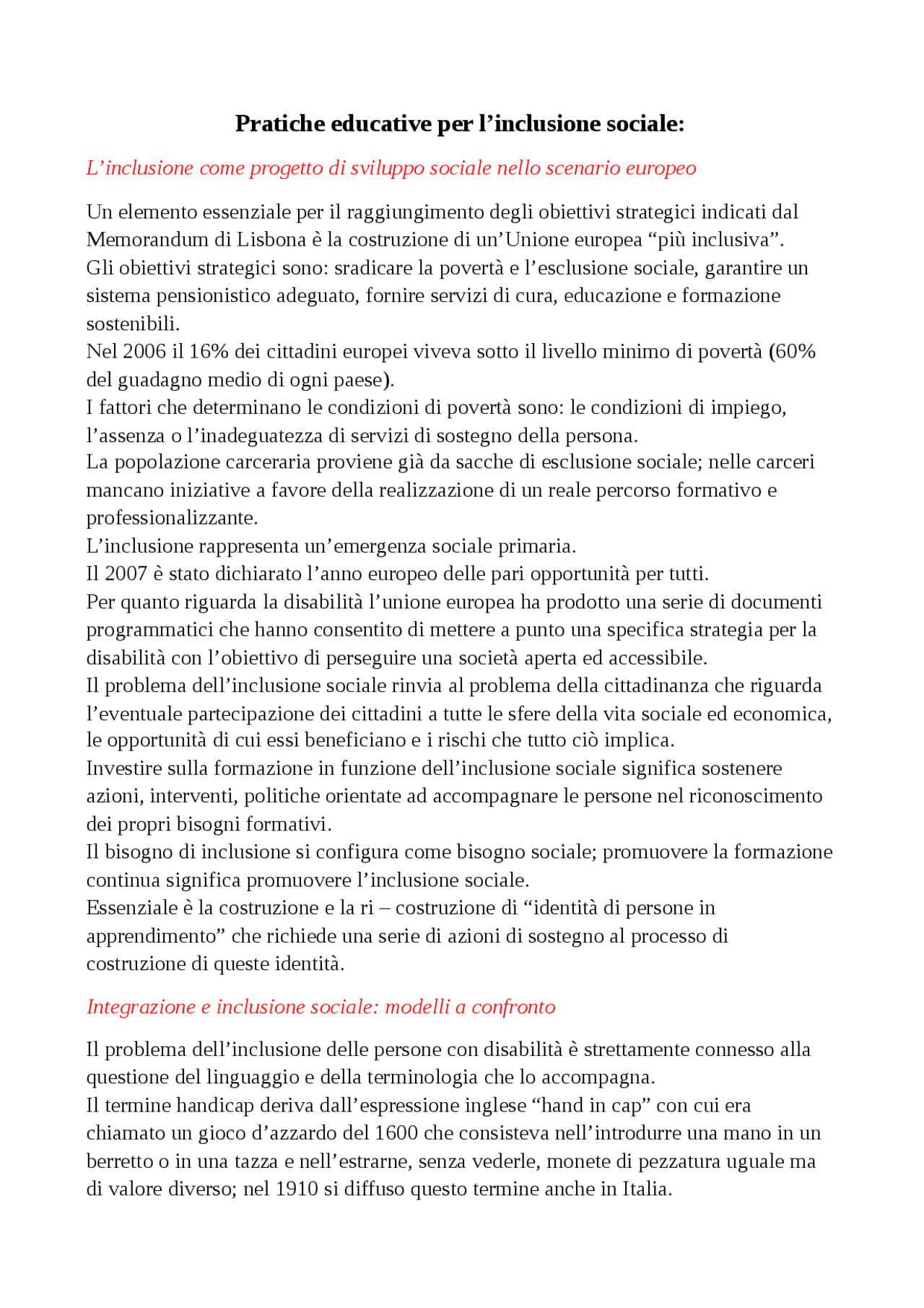Riassunto Pratiche Educative Per Linclusione Sociale Docsity