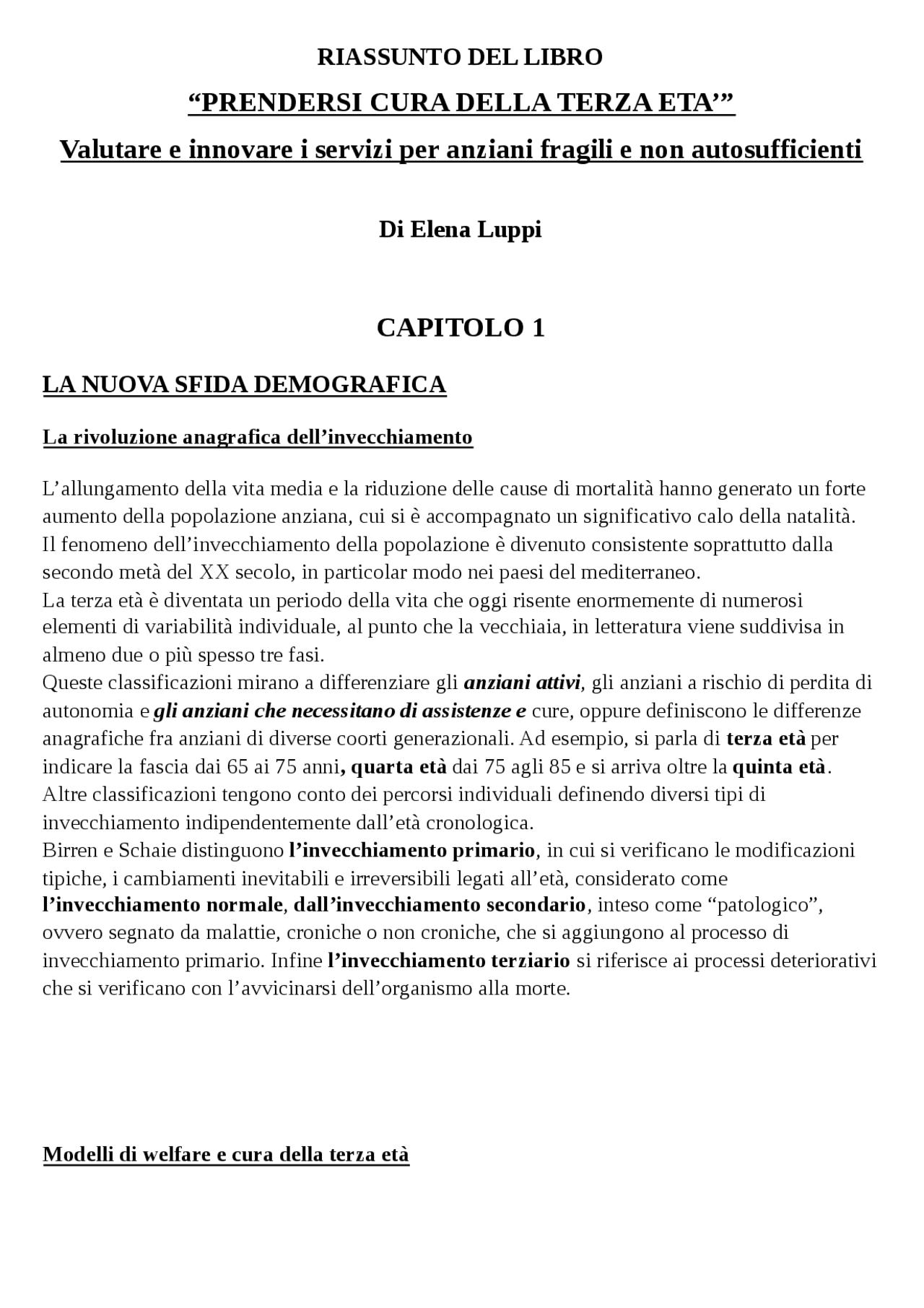 Riassunto Prendersi Cura Della Terza Età Elena Luppi Docsity