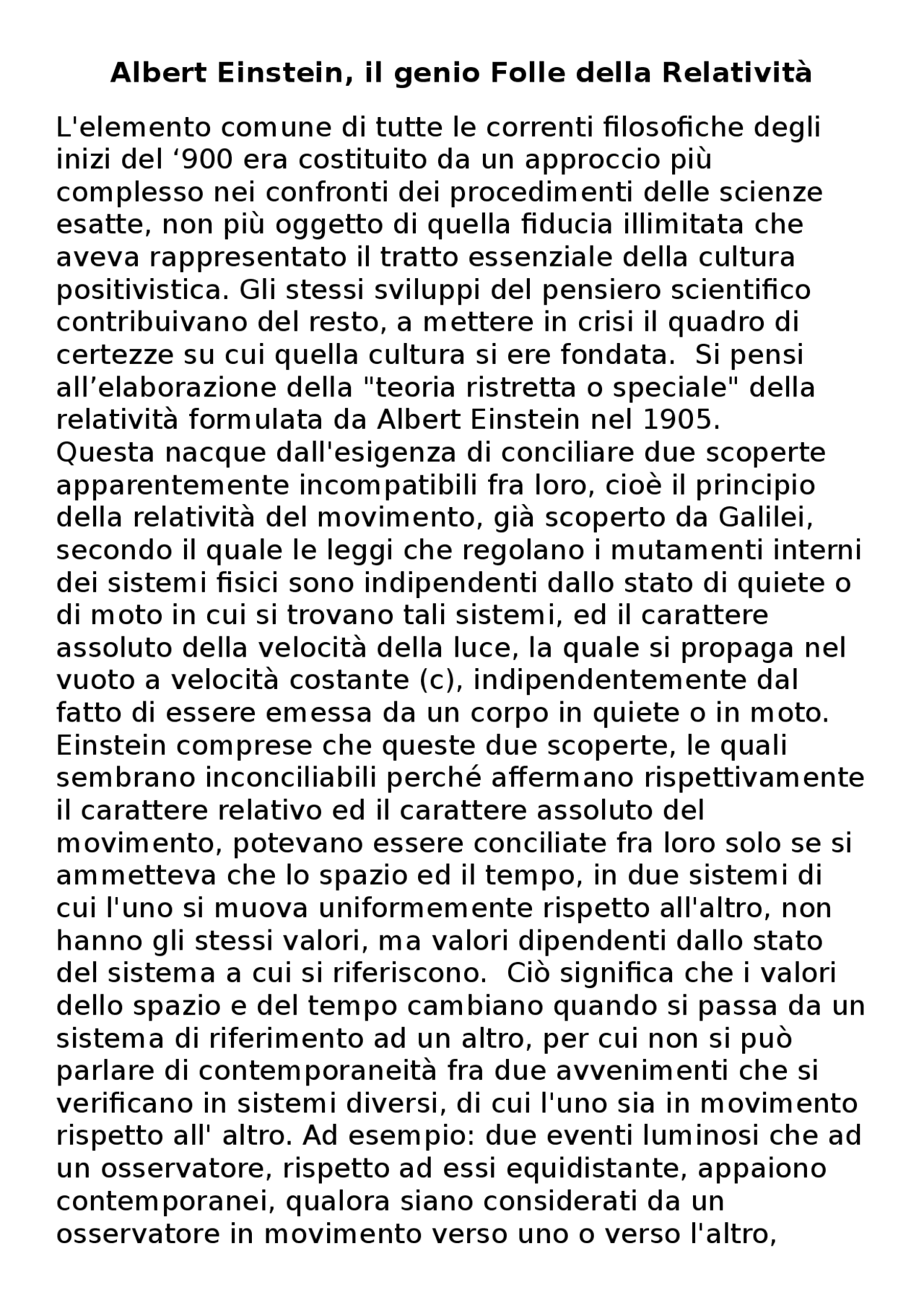 Appunti Su Einstein E La Relatività Docsity