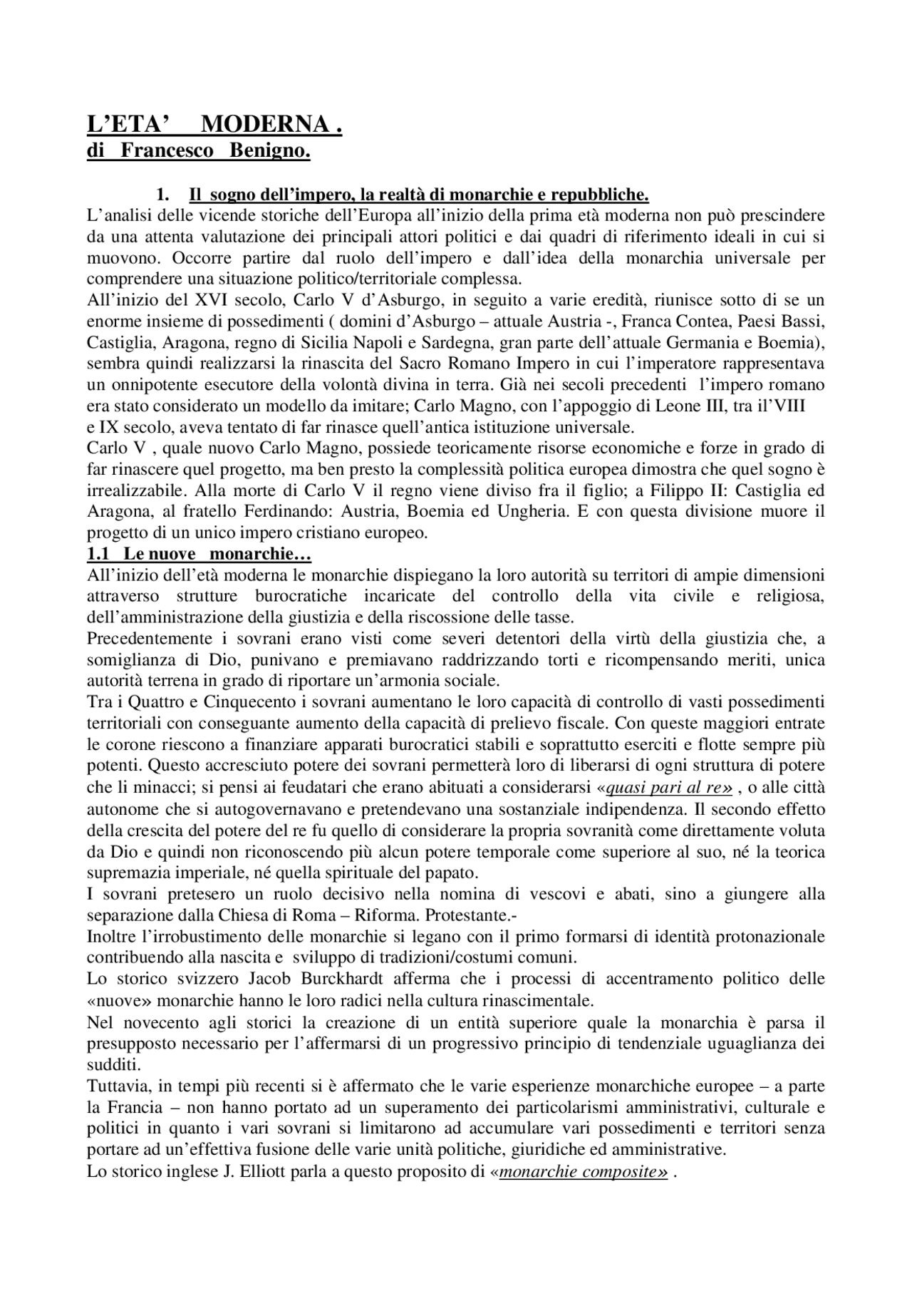 Riassunto L Età Moderna Benigno Docsity