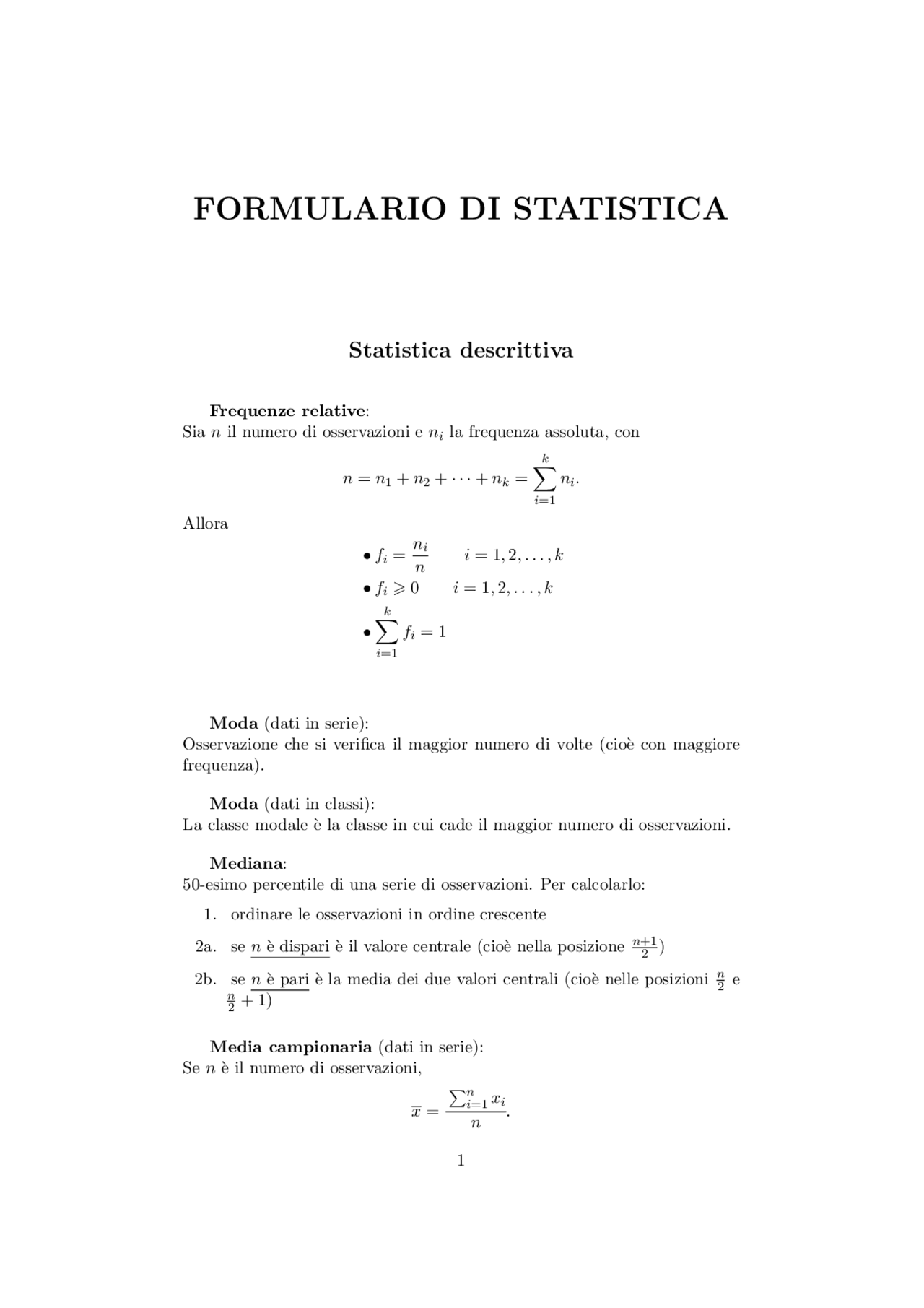 Formulario Statistica - Docsity