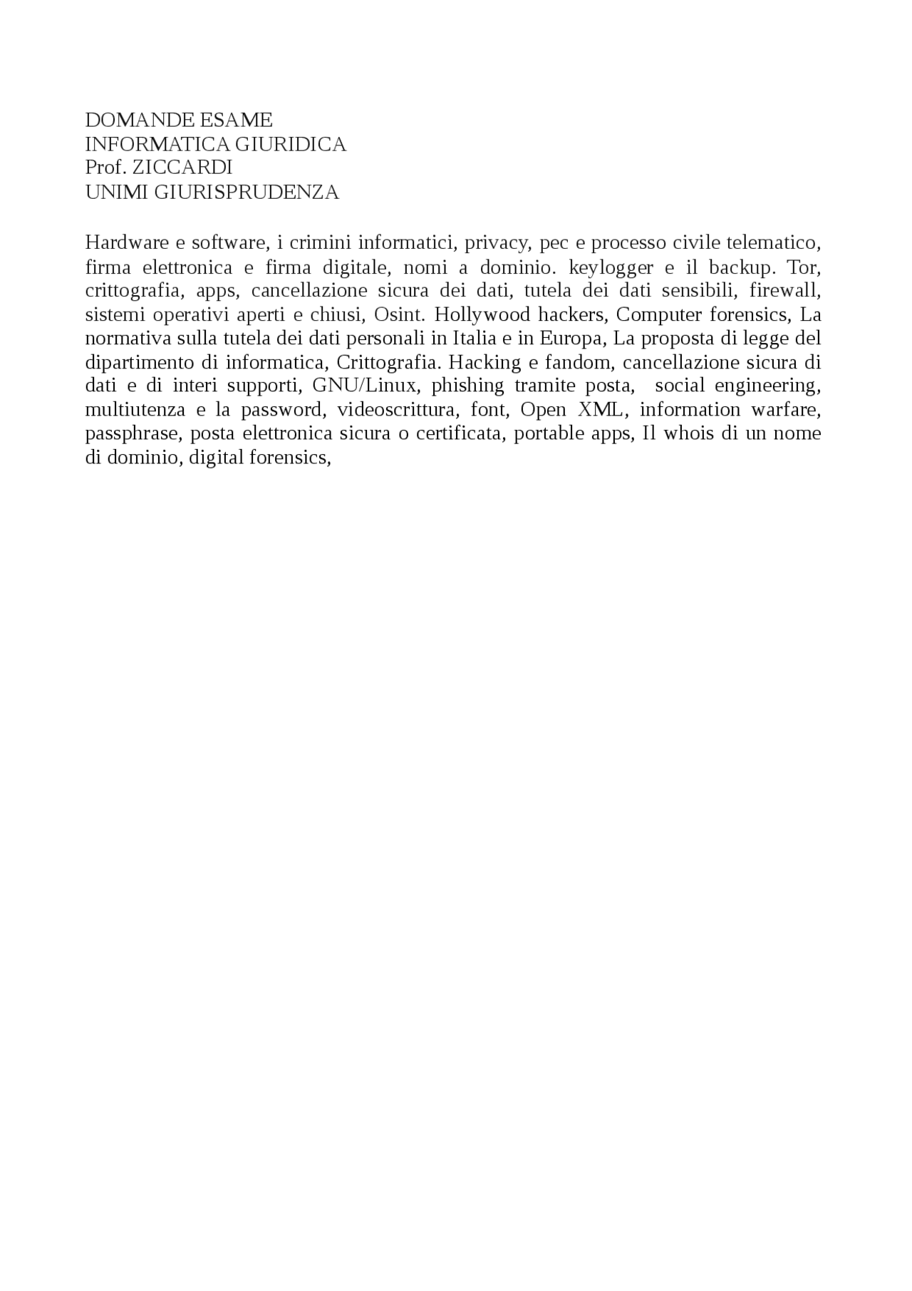 Domande Esame Unimi Informatica Giuridica Ziccardi Giurisprudenza Docsity
