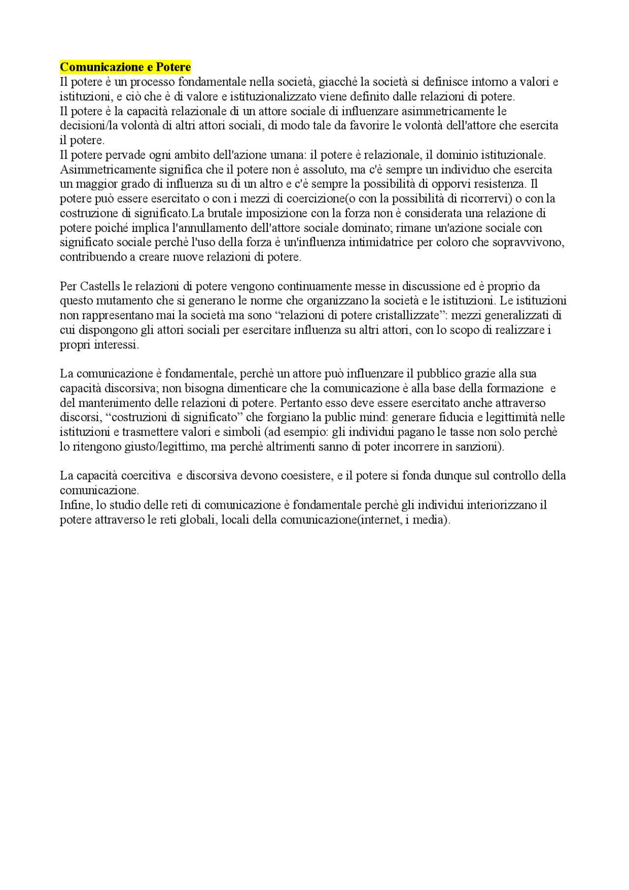Riassunto Castells Docsity