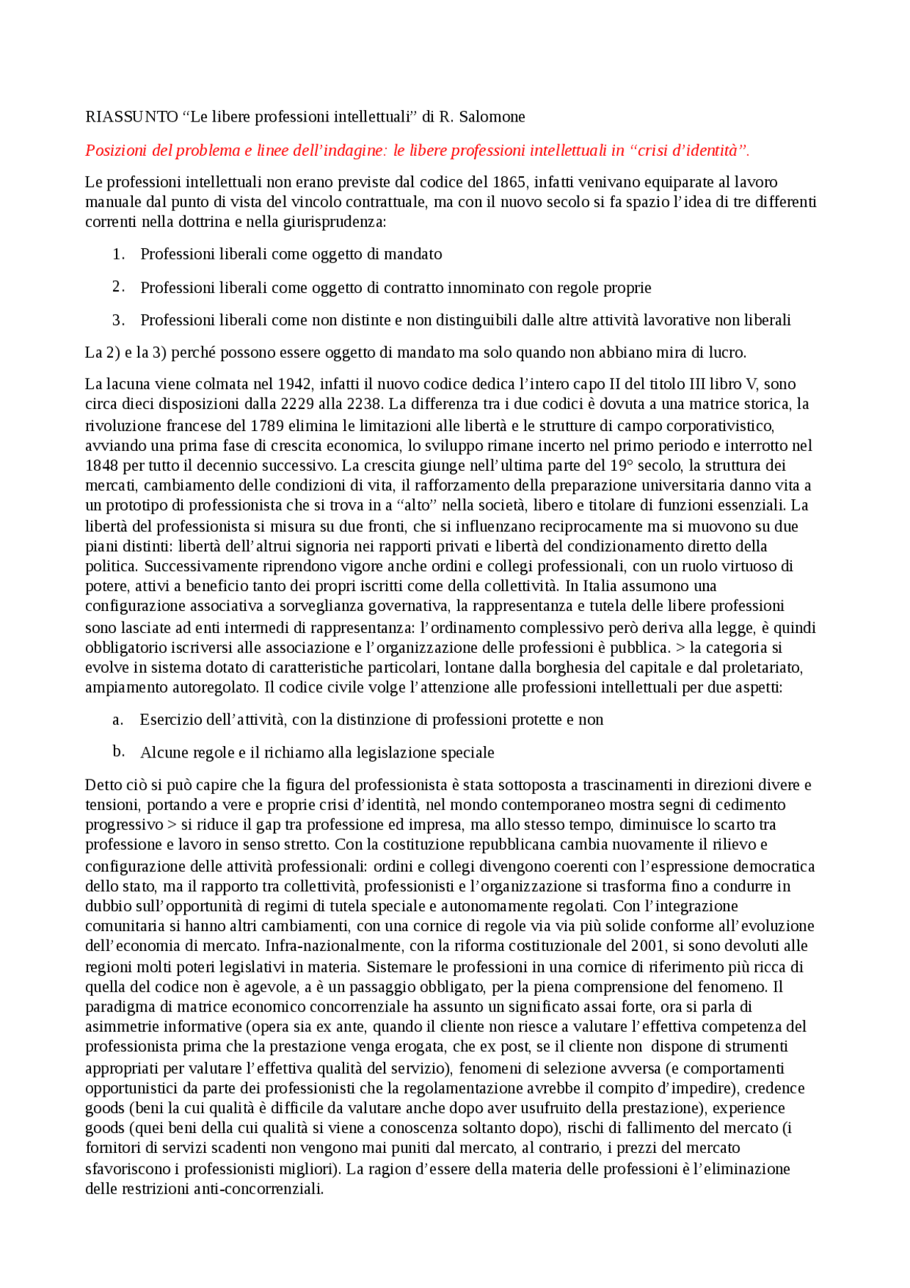 Riassunto Le Libere Professioni Intellettuali Di R Salomone Docsity