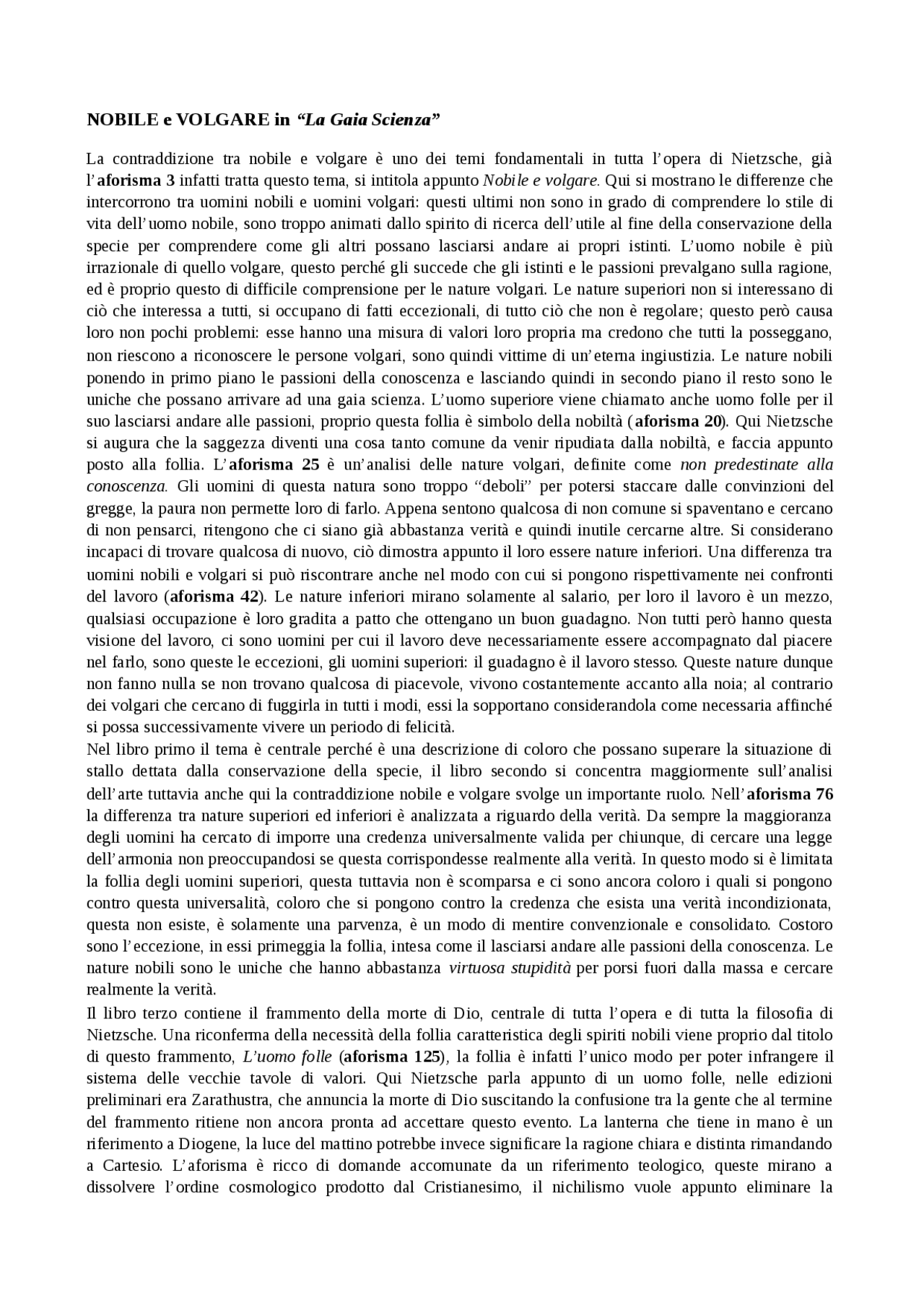 Riassunto Nobile e volgare in gaia scienza di Nietzsche - Docsity