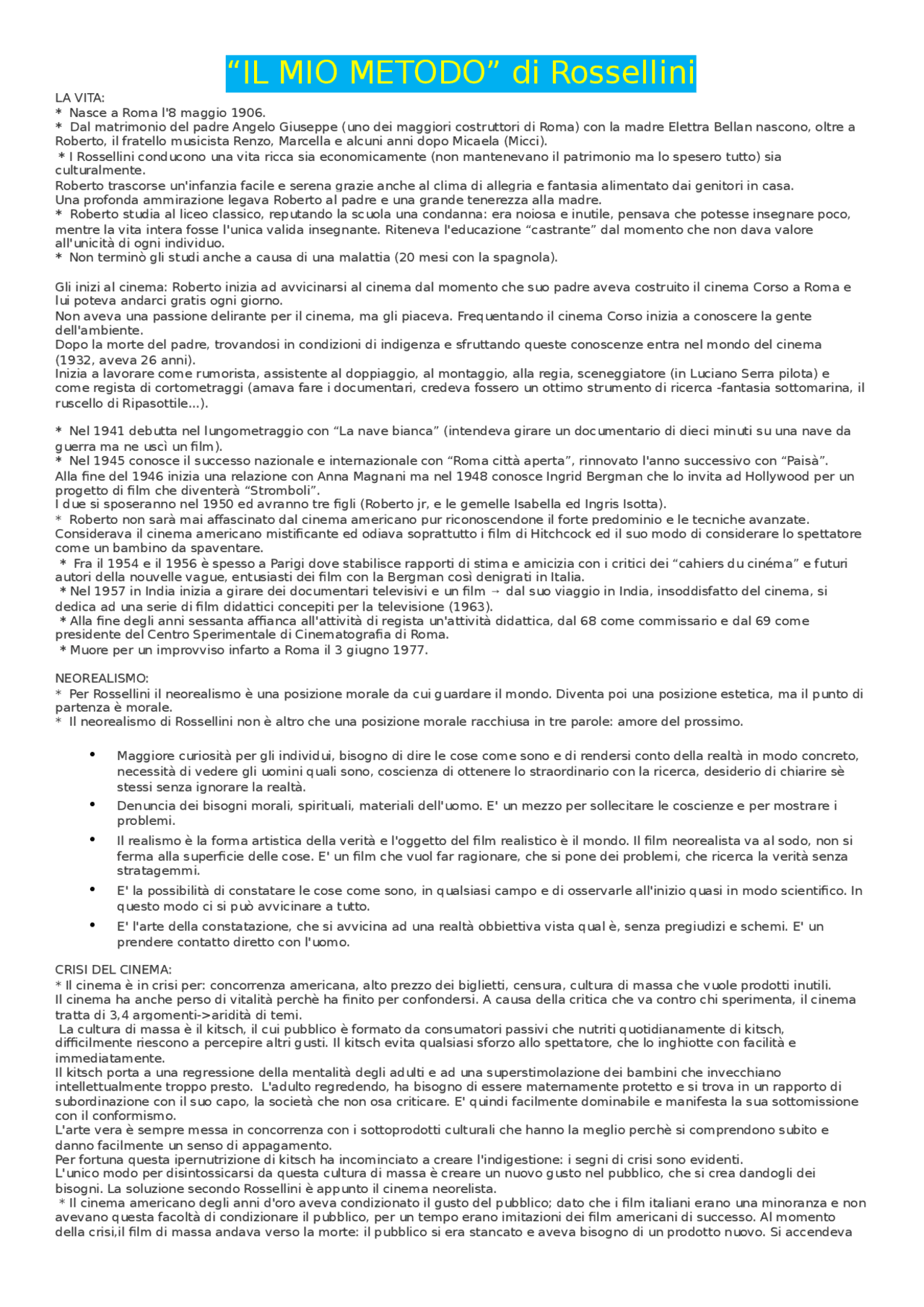 Riassunto Il mio metodo di Rossellini - Docsity