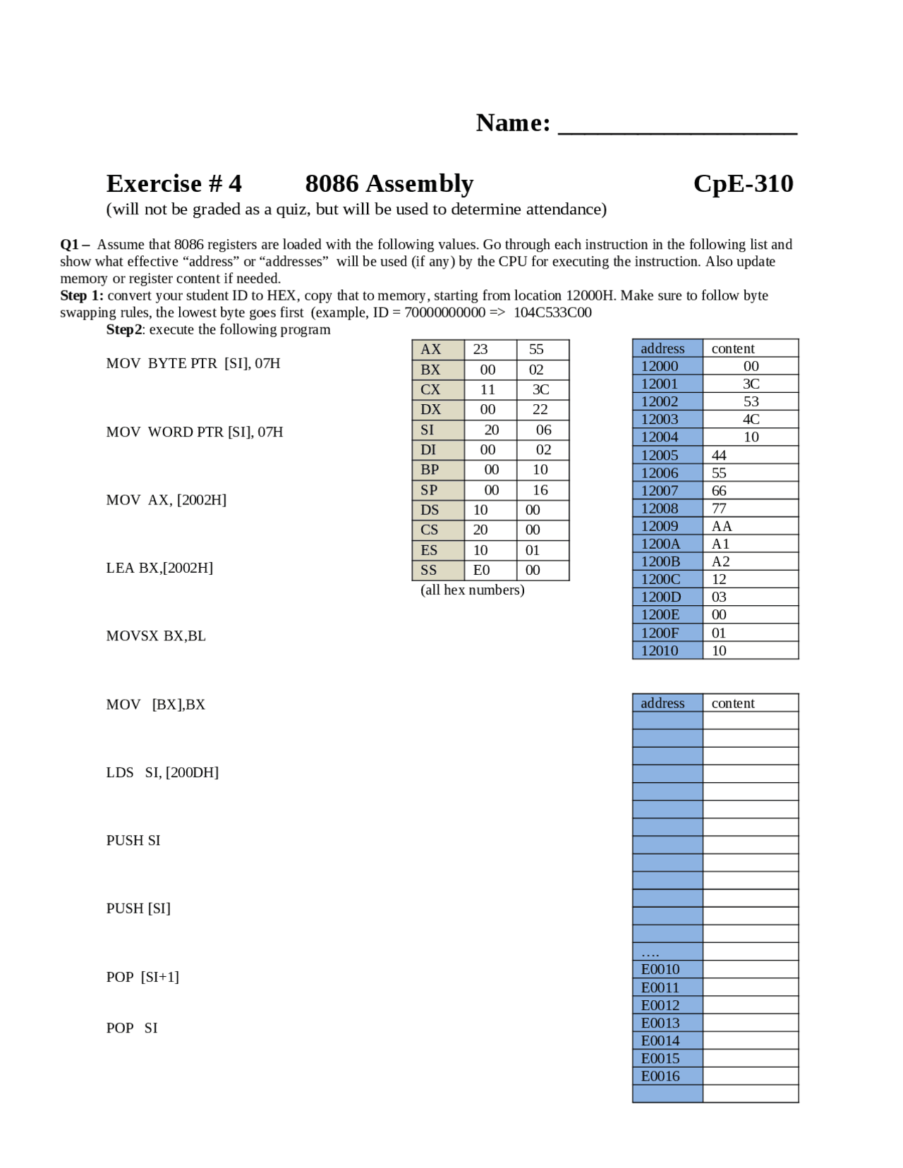 Exercise 4 - Assembly - Microprocessor Systems | CPE 310 - Docsity
