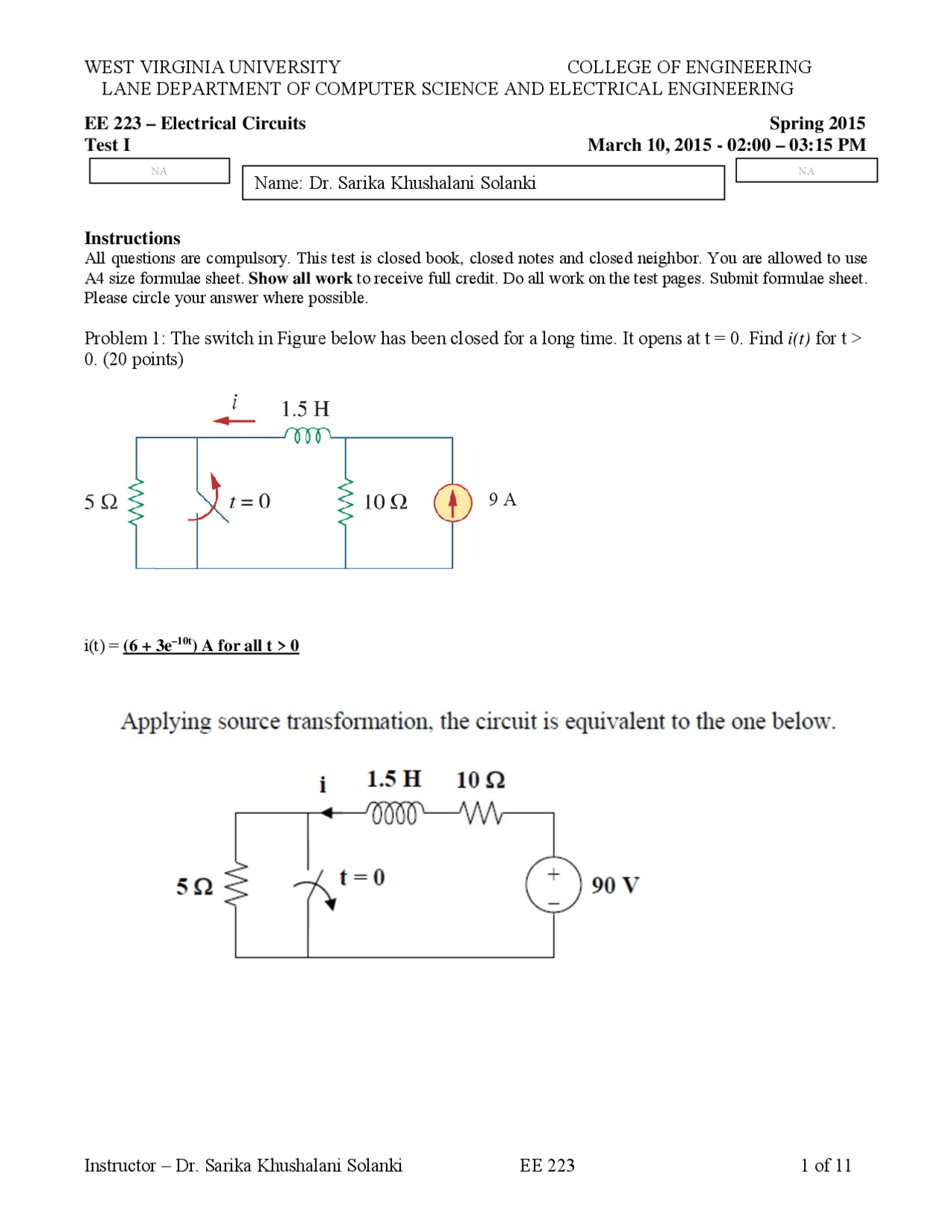 5 Solved Problems On Electrical Circuits Midterm Exam Ee 223 Docsity
