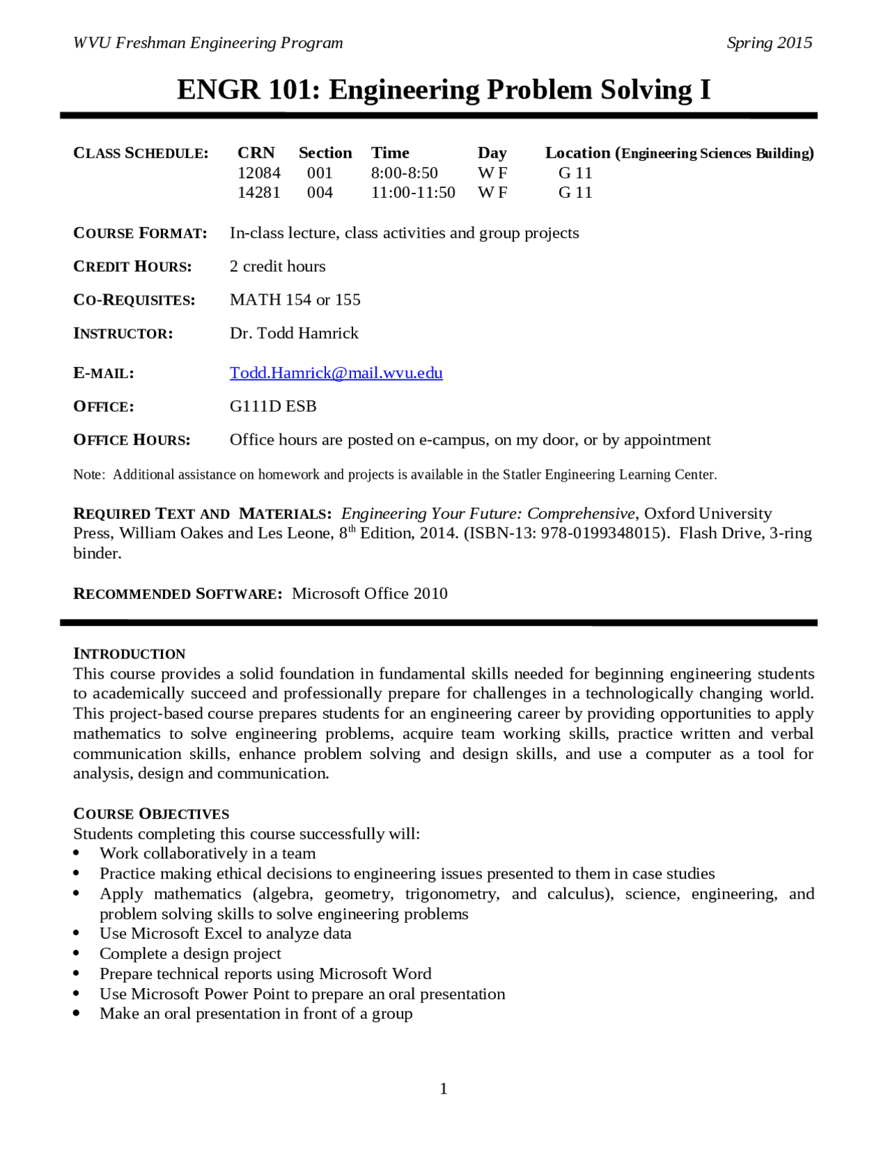 Introductory Course Syllabus For Engineering Problem Solving 1 Engr