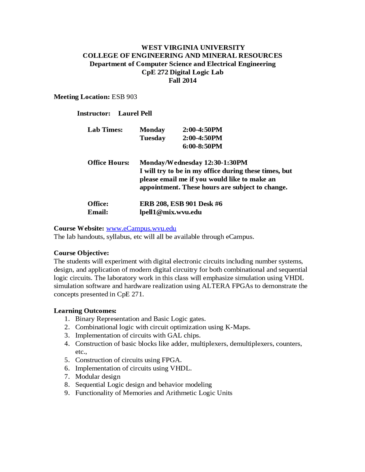 Introduction To Digital Logic Design Course Overview Cpe 271 Docsity