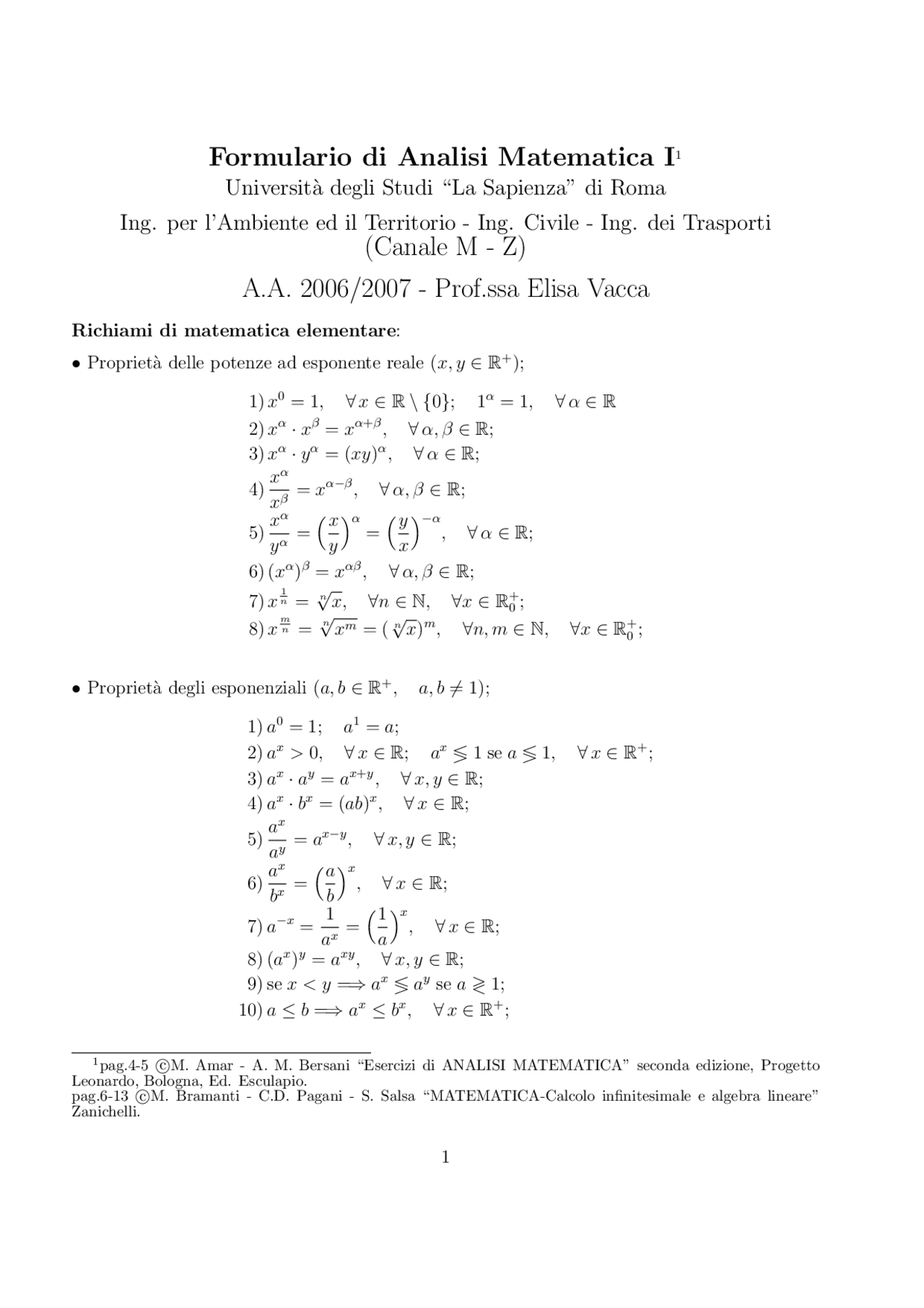 Formulario Analisi Matematica 1 Formulari Di Analisi Matematica I Docsity