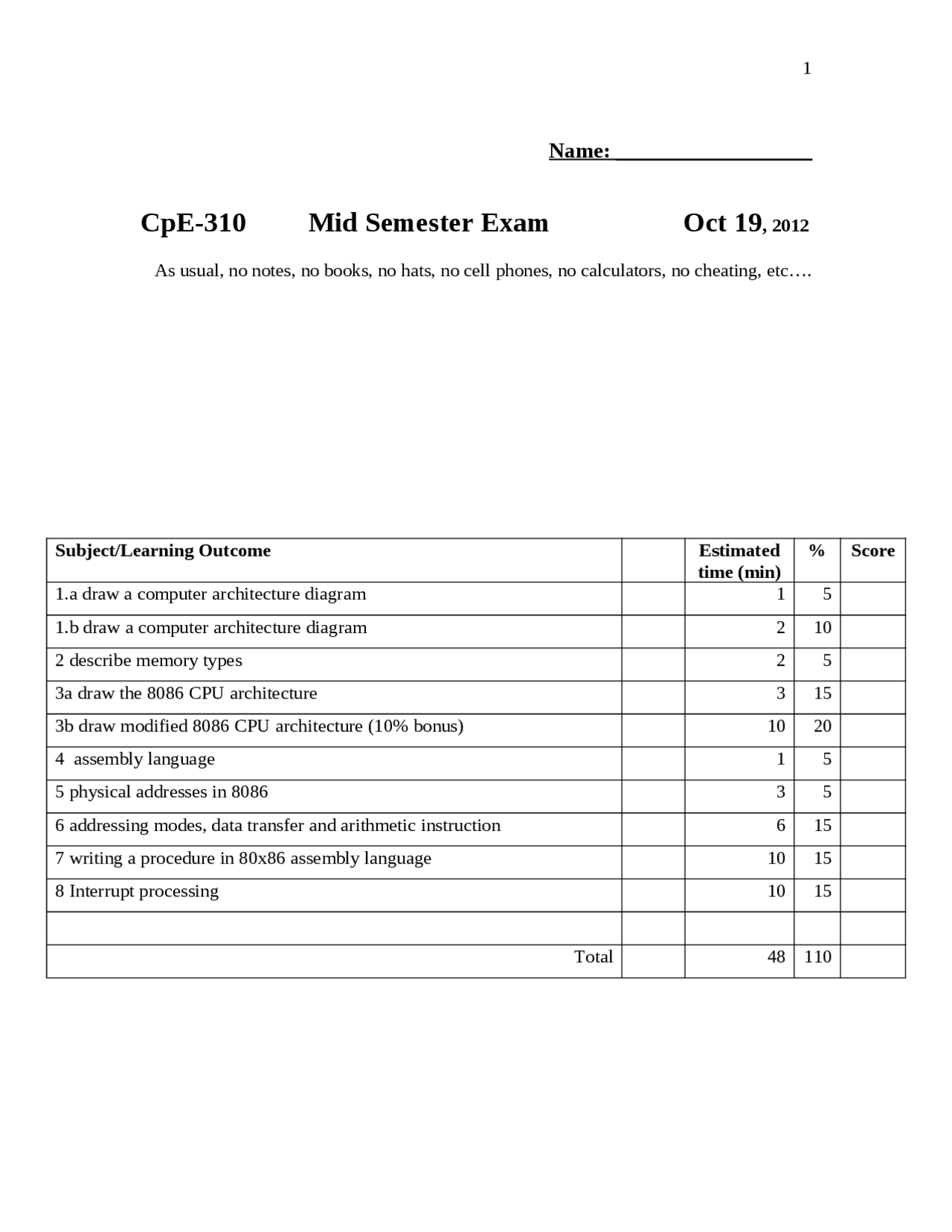 8 Problems in MidTerm Exam - Microprocessor Systems | CPE 310 | Exams Microprocessors | Docsity