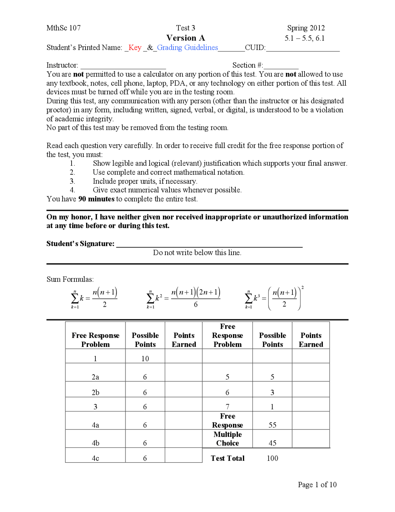 Past Test 3a With Answers Differential And Integral Calculus Mthsc