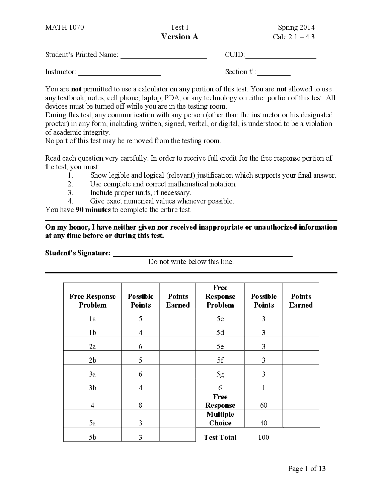 Exam 1 Version A Differential And Integral Calculus Mthsc 107 Docsity