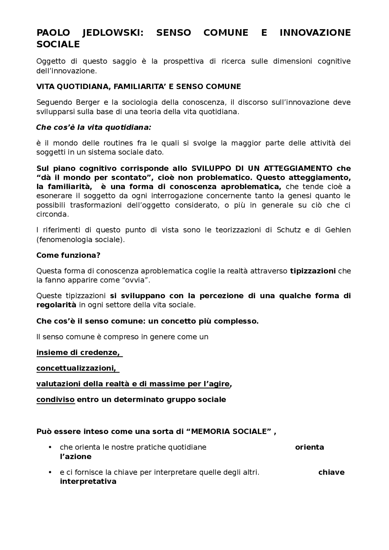 Paolo Jedlowski Senso Comune E Innovazione Sociale Docsity