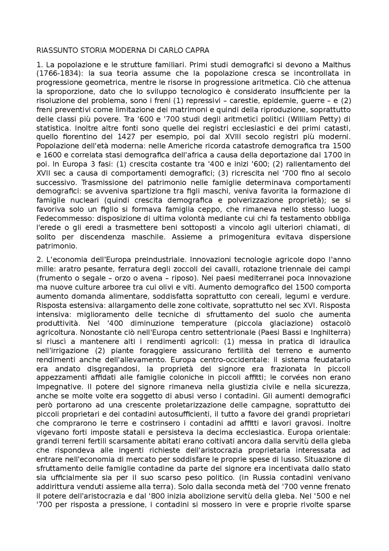 Riassunto Storia moderna Carlo Capra - Docsity