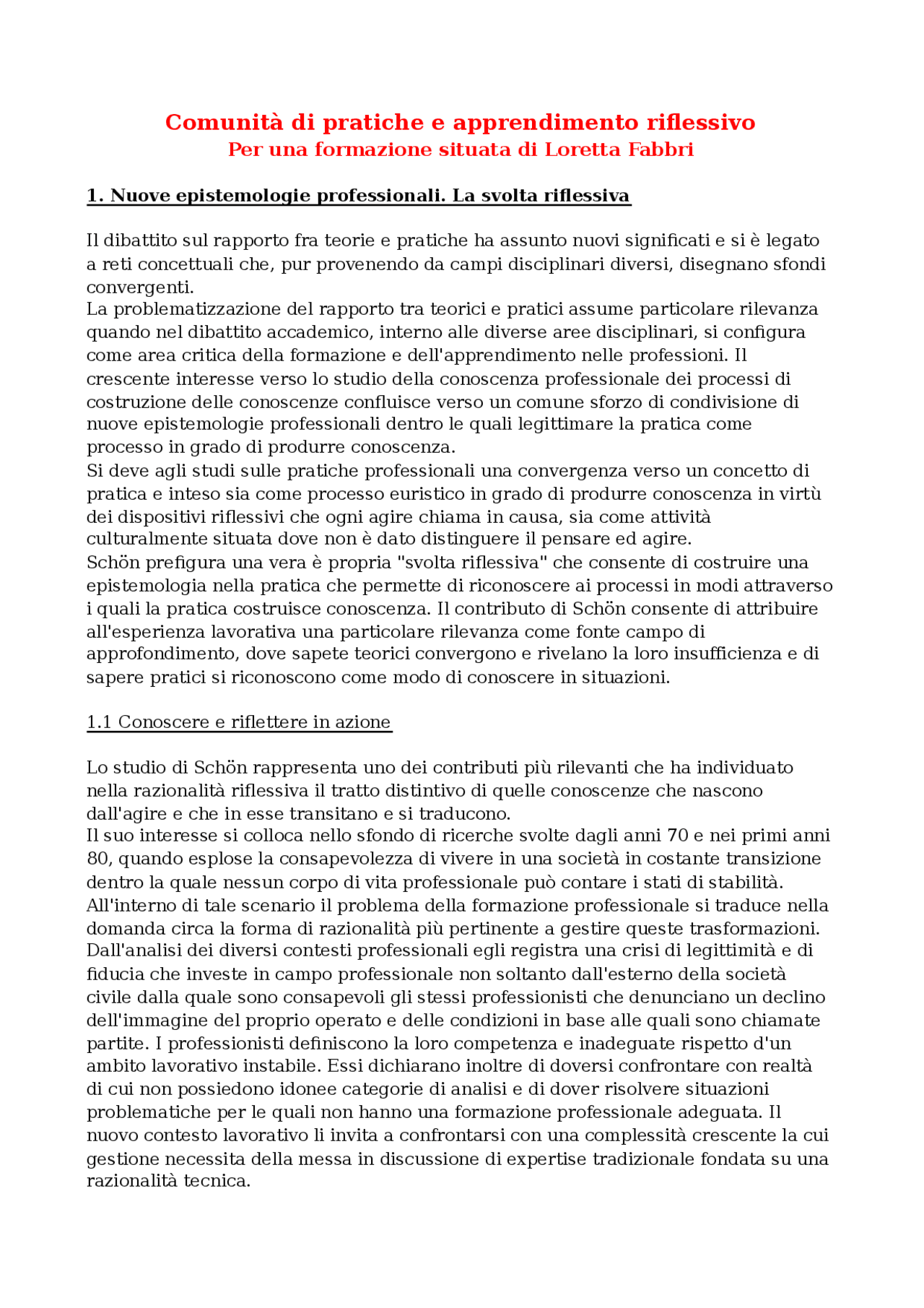 Comunità Di Pratiche E Apprendimento Riflessivo Loretta Fabbri Docsity