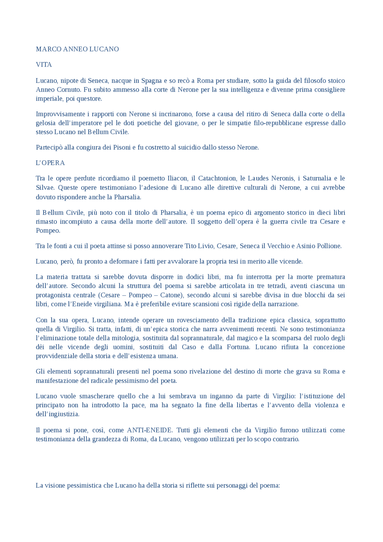 Letteratura latina - MARCO ANNEO LUCANO | Dispense di Latino - Docsity