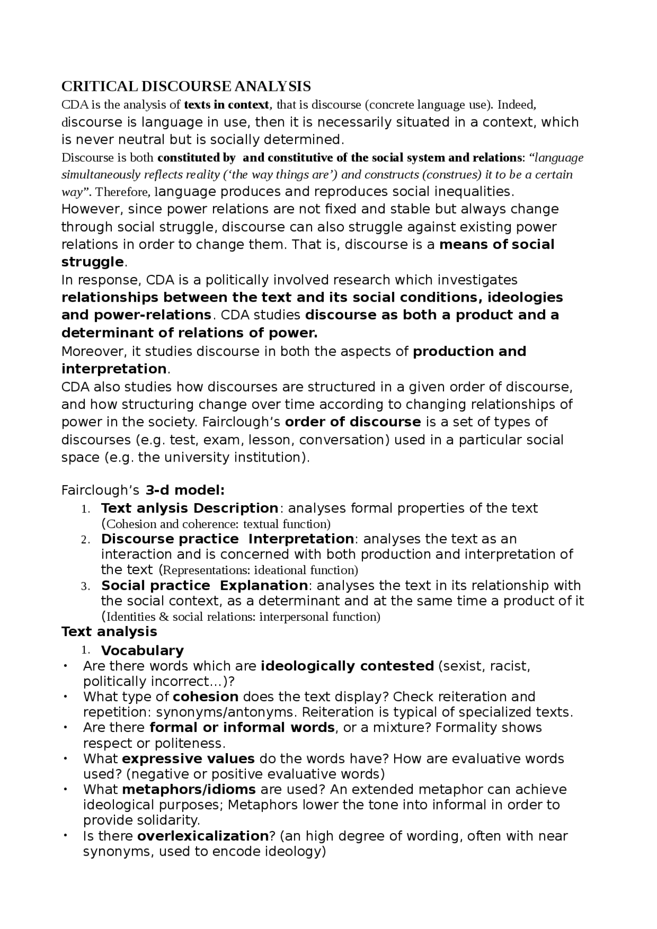 Critical discourse analysis - Docsity