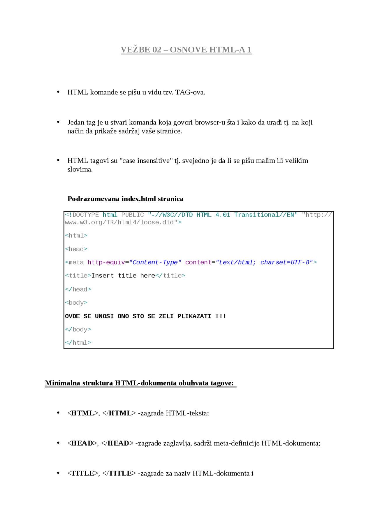 Osnove Html A Zadaci Vežbe Predlog Osnove Programiranja Docsity