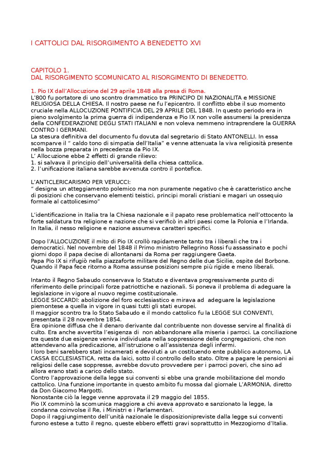 Riassunto I Cattolici Dal Risorgimento A Benedetto Docsity