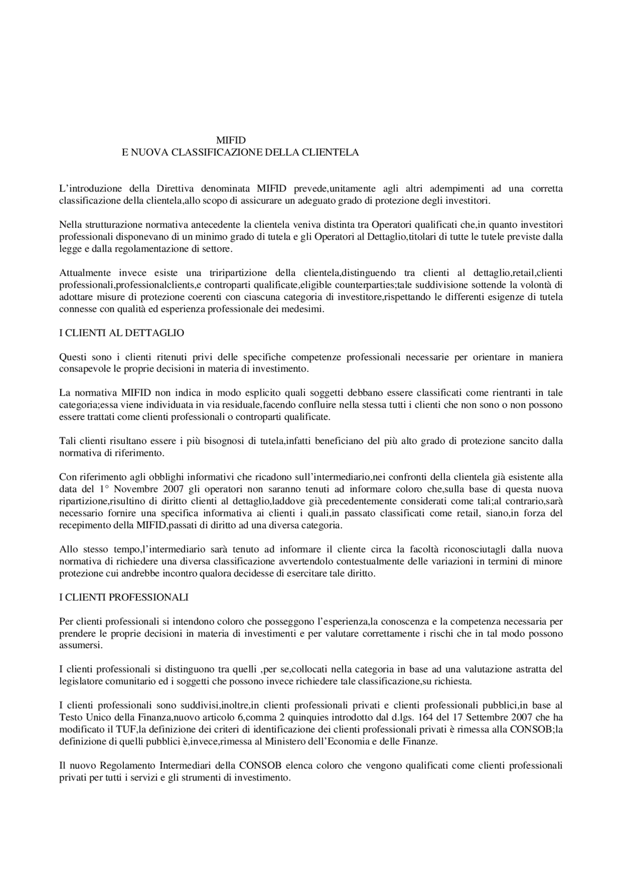 Mifid e classificazione della clientela - Docsity
