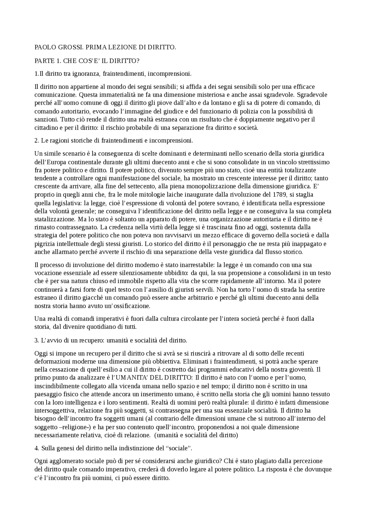Riassunto Prima lezione di diritto, Paolo Grossi, parte 1 | Sintesi del ...