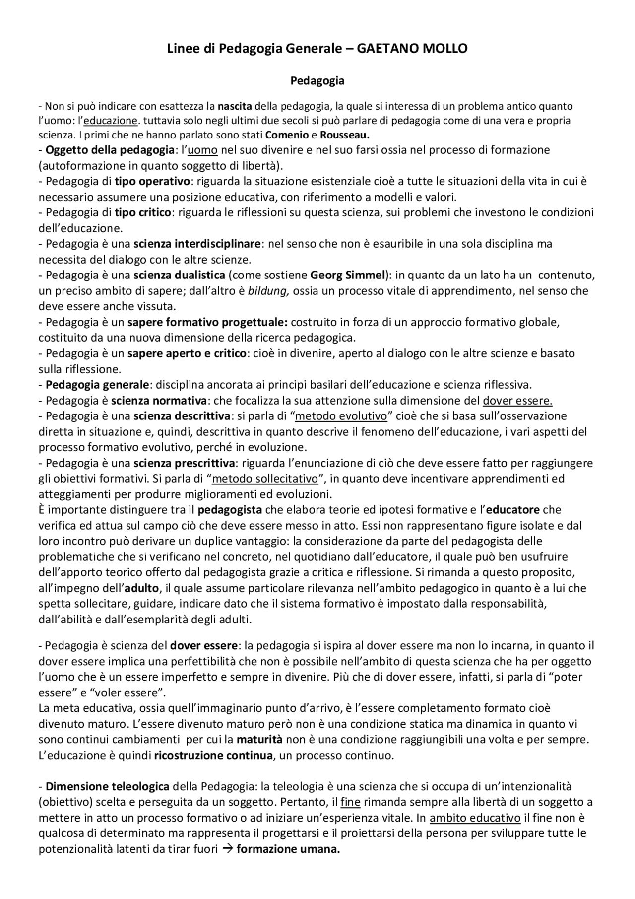 Riassunto Linee Di Pedagogia Generale Gaetano Mollo Docsity