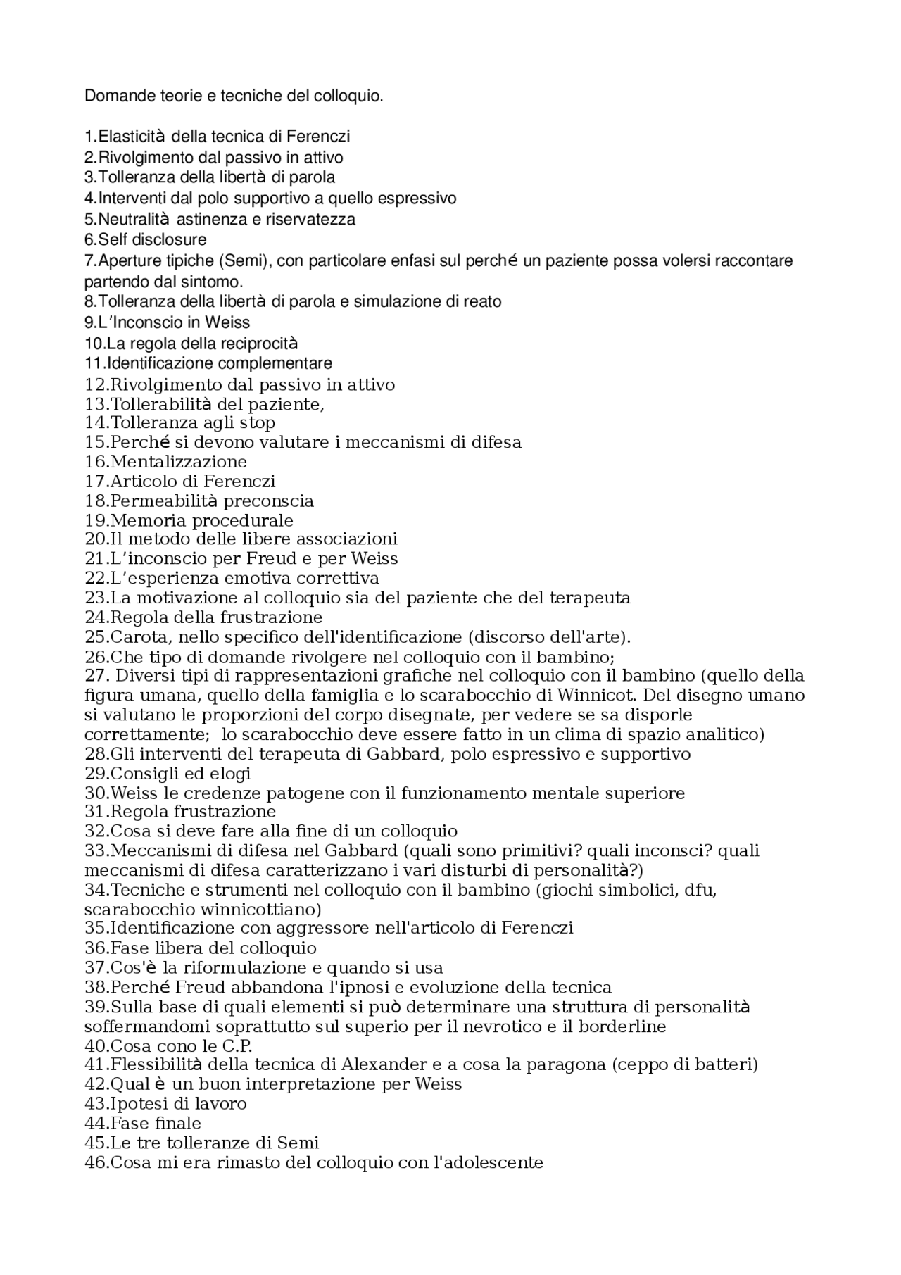 Domande Teorie E Tecniche Del Colloquio Psicoanalitico Docsity