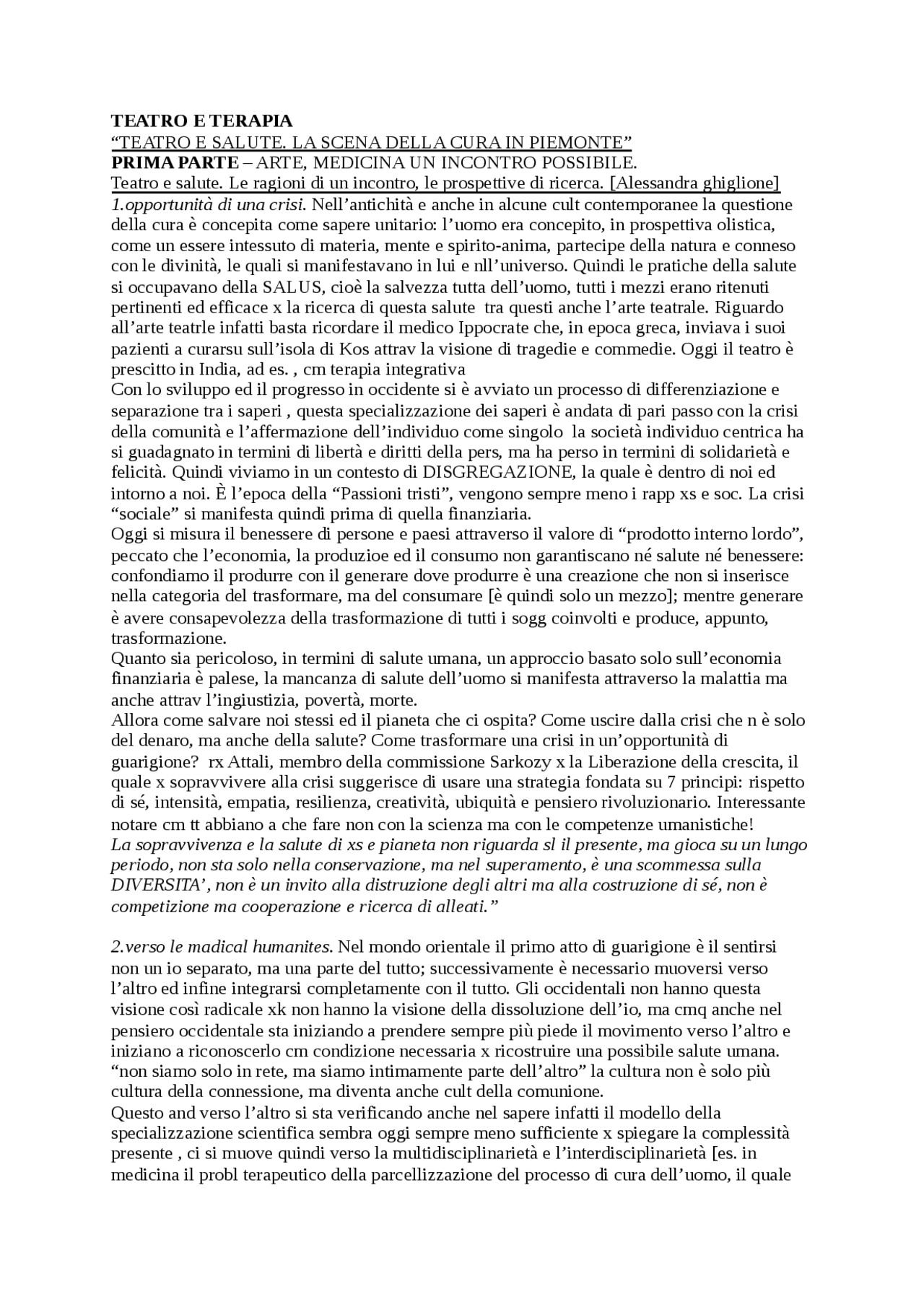 Teatro E Salute Riassunto Docsity
