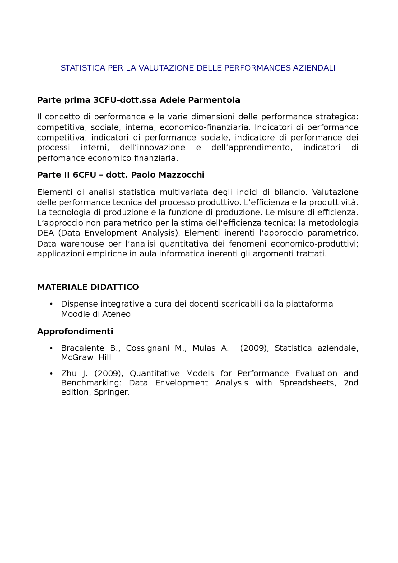 Programma valutazione delle perfomance aziendali Parmentola Mazzocchi - Docsity